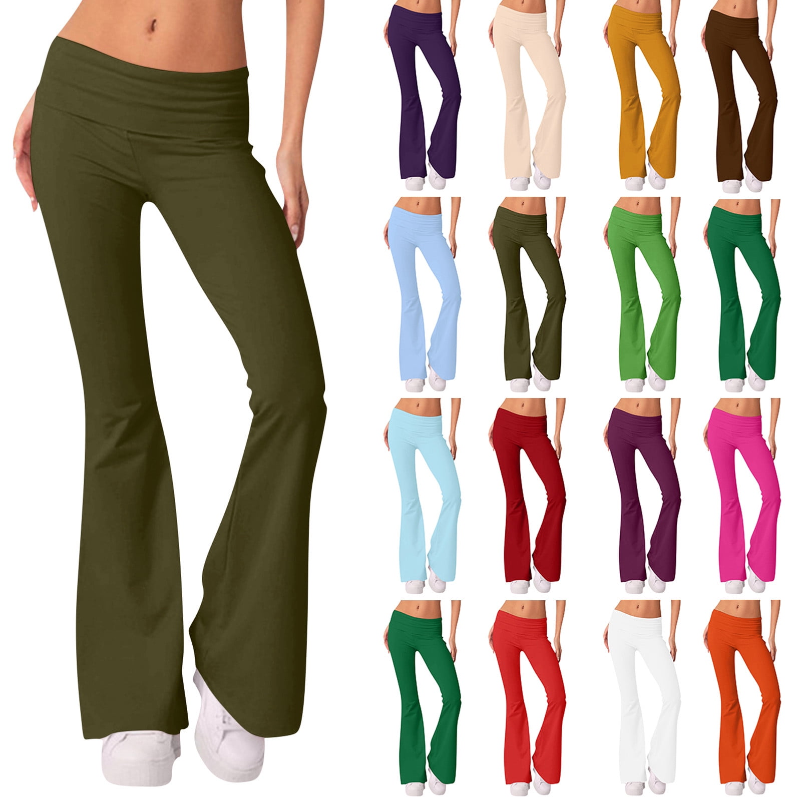 Sksloeg Fold Over Yoga Pants For Women Leggings Stretchy Fold Over Flare Yoga Pants Low Rise
