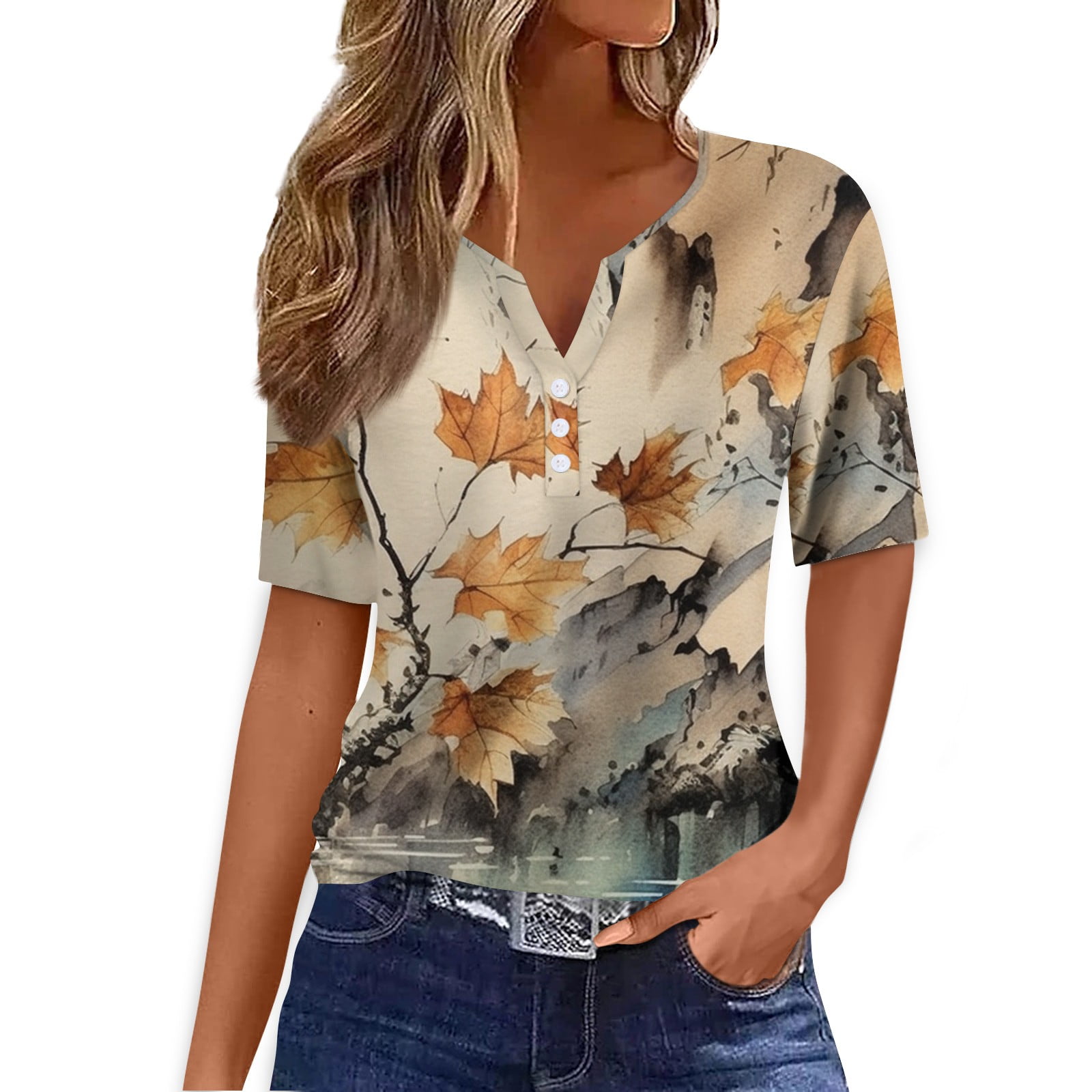 SKSloeg Going Out Tops for Women Button Henley V Neck Short Sleeve Plus ...