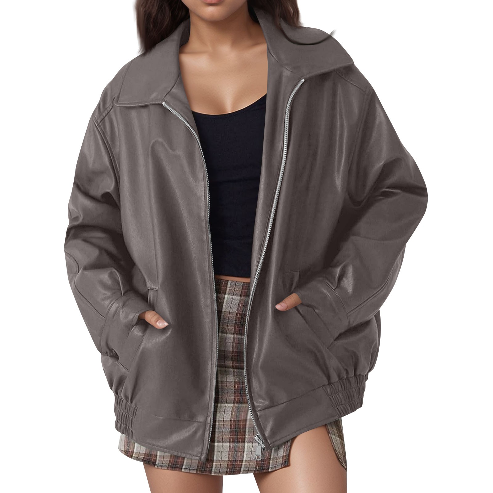 SKSloeg Oversized Leather Jacket Women Fall Winter Oversized Bomber ...