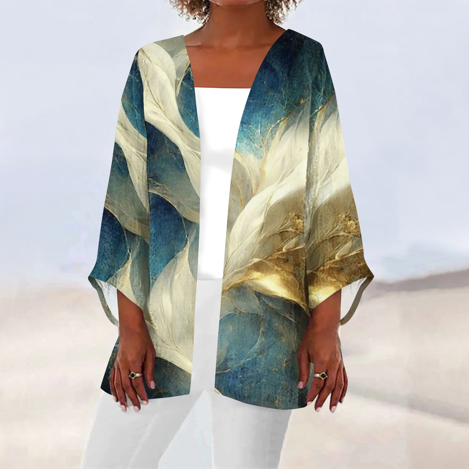SKSloeg Plus Size Cardigan for Women 2024 Summer Marble Print Kimono ...