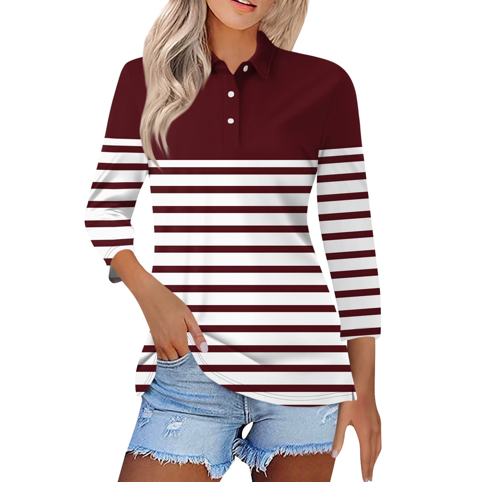 SKSloeg Polo Shirt for Women 2024 3/4 Length Sleeve Business Casual Golf Shirts Polos Collared V ...