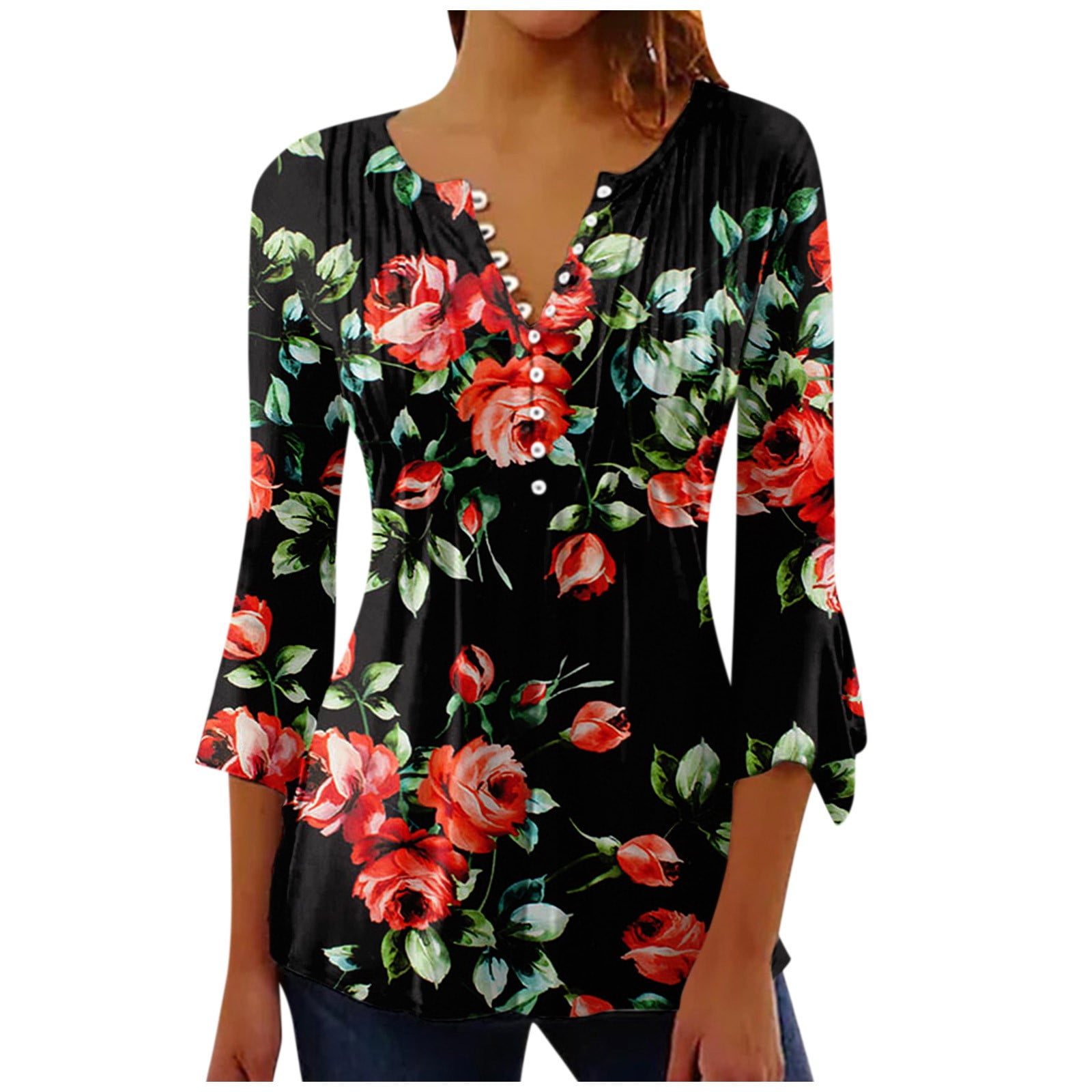 SKSloeg Red Blouses for Women Dressy Floral Printed Henley Shirts 2024 ...