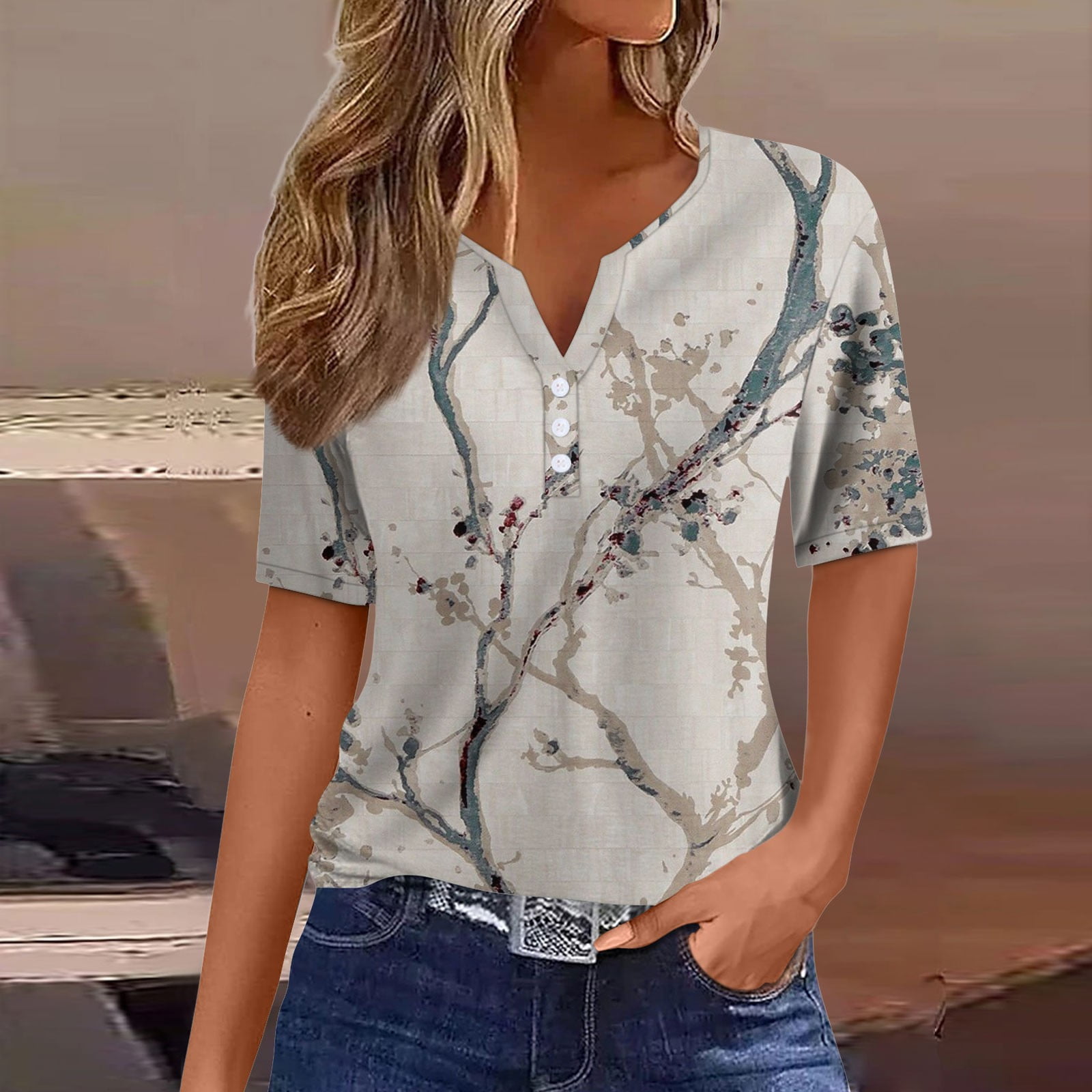 SKSloeg Red Shirt Womens Plus Size Summer Casual V Neck Henley Short ...