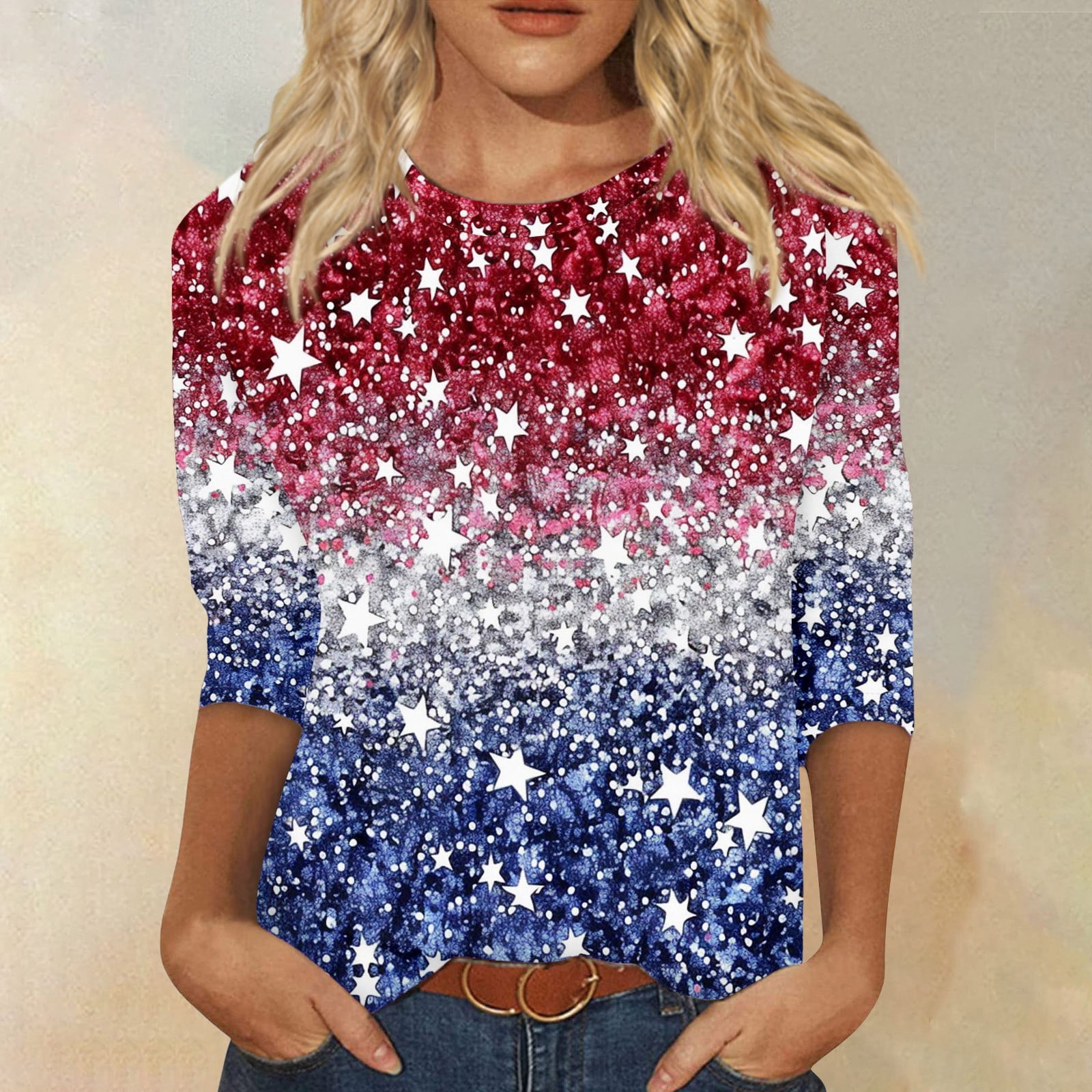 SKSloeg Shirts for Women 4Th of July 3/4 Length Sleeve Patriotic Star ...