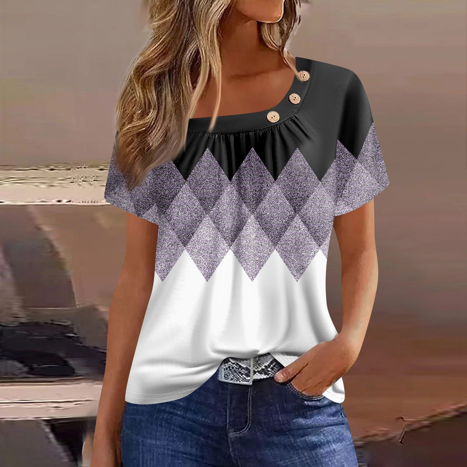 SKSloeg Spring Tops for Women 2024 Button Decoration Pleated Square ...