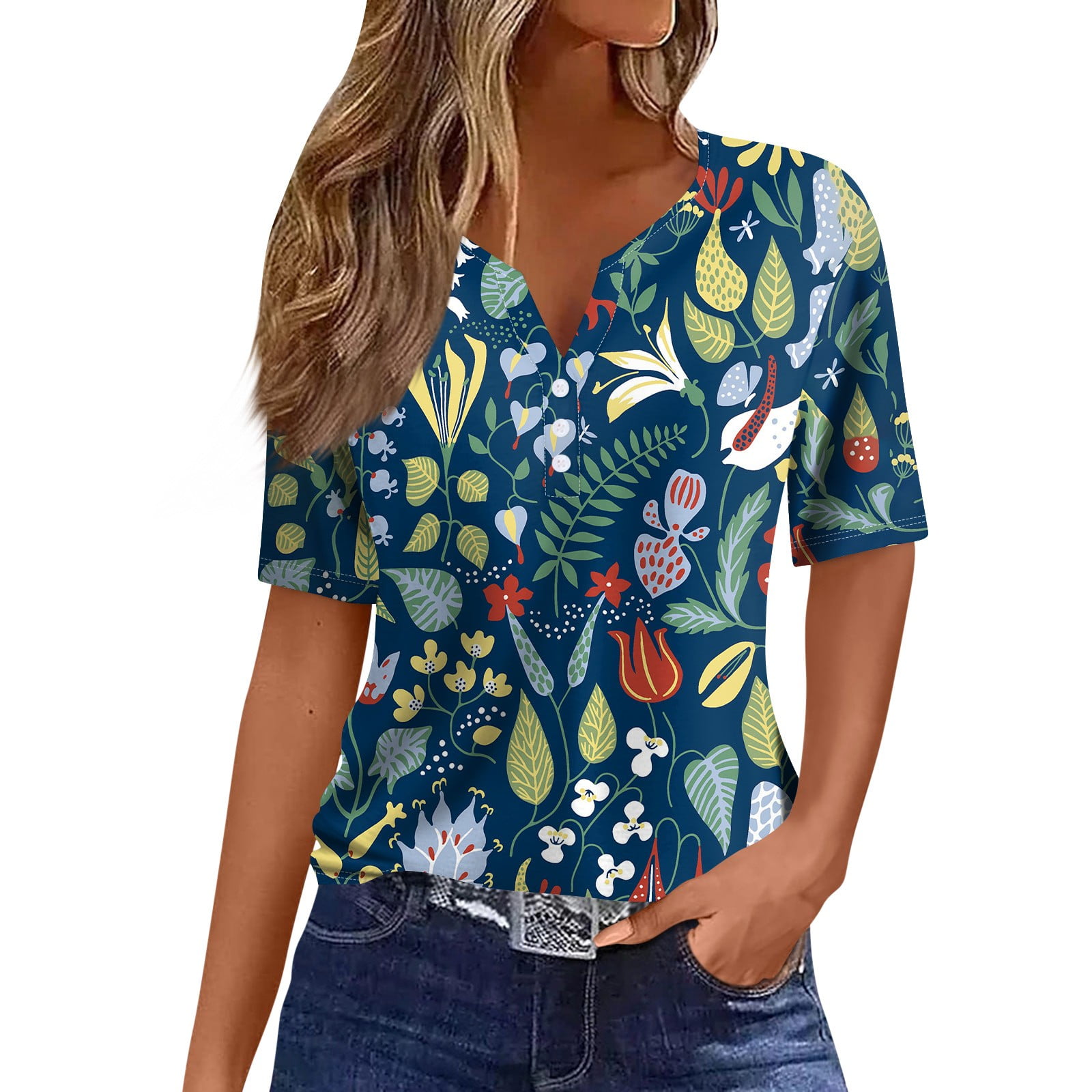 SKSloeg Spring Tops for Women 2024 Henley Button V Neck Short Sleeve ...