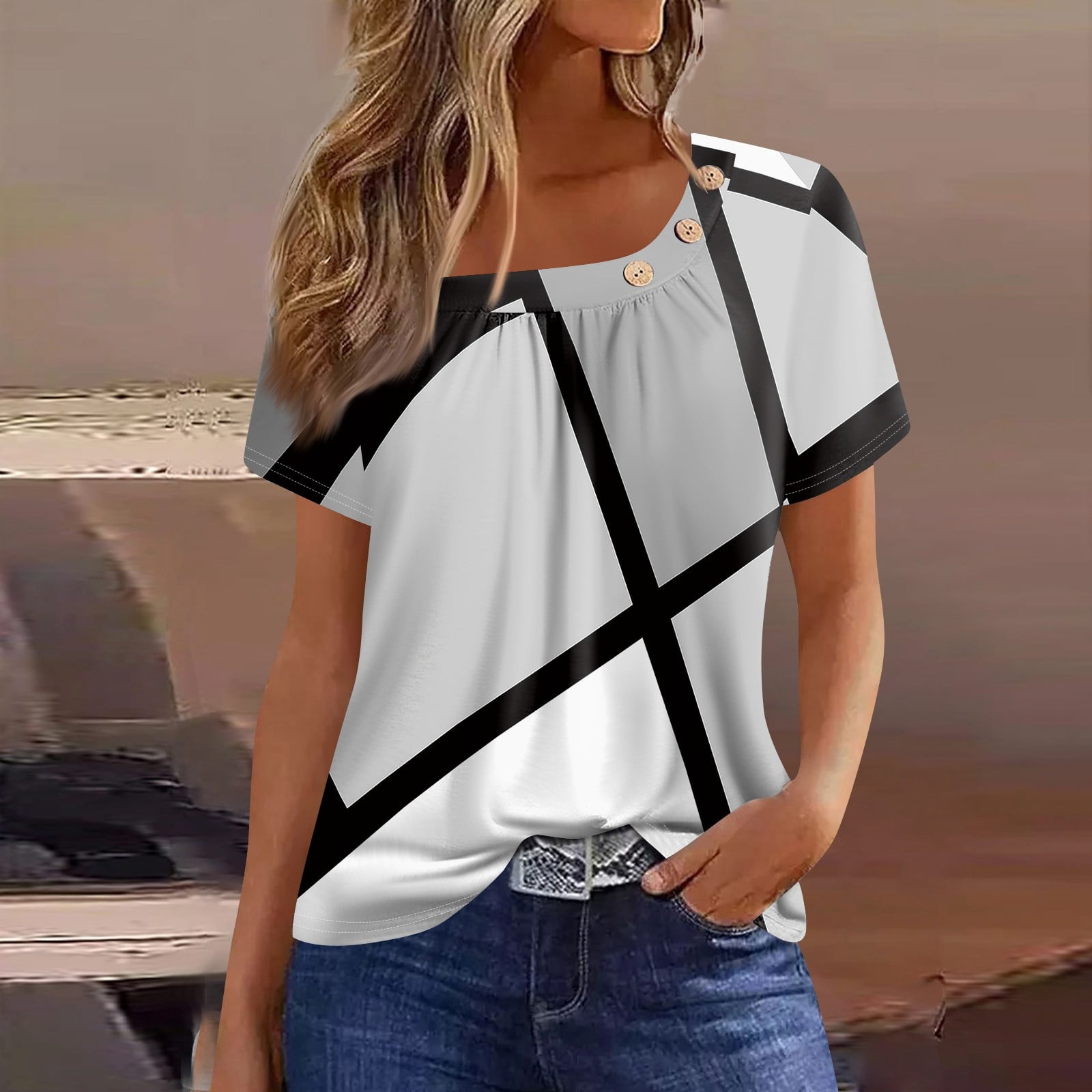 SKSloeg Spring Tops for Women 2024 Pleated Button Decoration Square ...