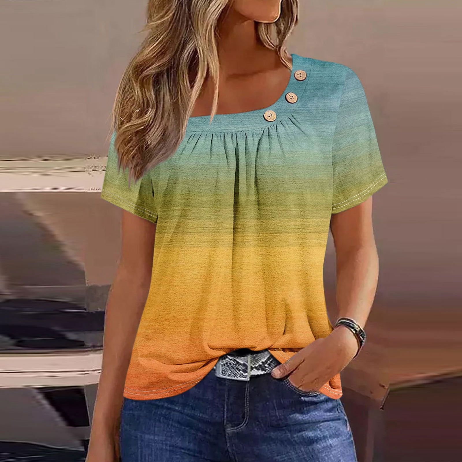 SKSloeg Spring Tops for Women 2024 Pleated Button Decoration Square ...