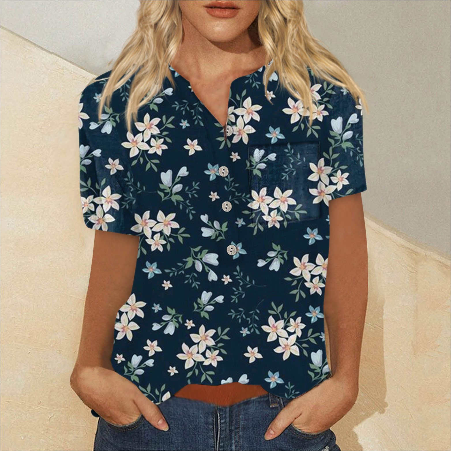 SKSloeg Spring Tops for Women 2024 Tops with Pocket Button Down Henley ...