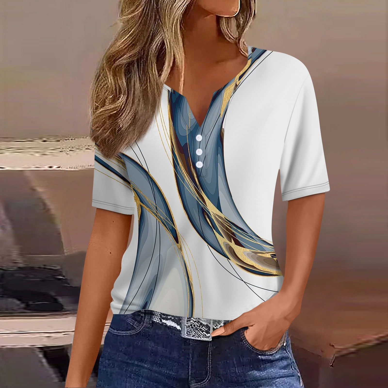 SKSloeg Spring Tops for Women 2024 Short Sleeve Henley Button V Neck ...