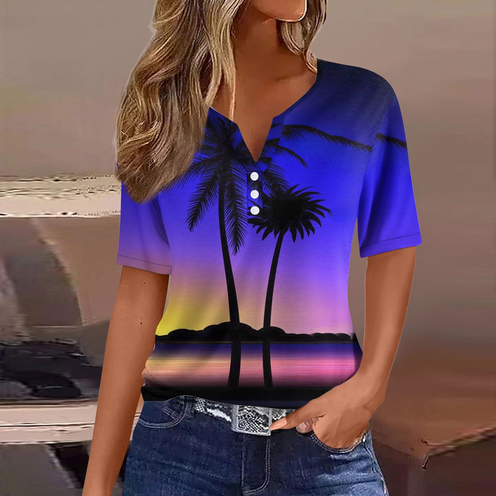 SKSloeg Spring Tops for Women 2024 Short Sleeve Henley V Neck Button ...