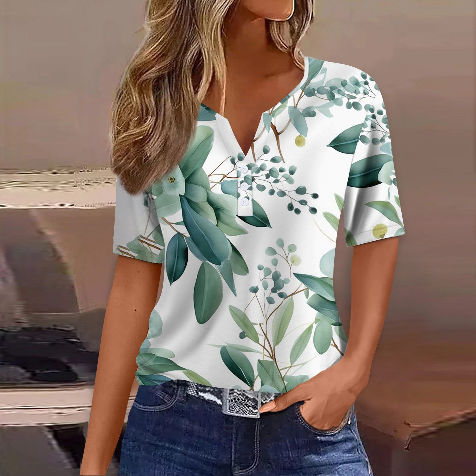 SKSloeg Spring Tops for Women 2024 Short Sleeve Henley V Neck Button T ...