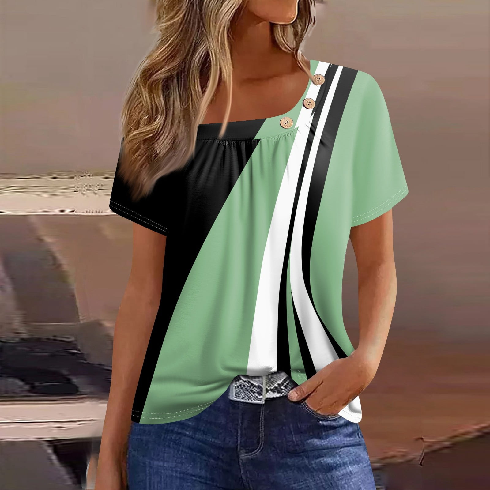 SKSloeg Spring Tops for Women 2024 Short Sleeve Pleated Button ...