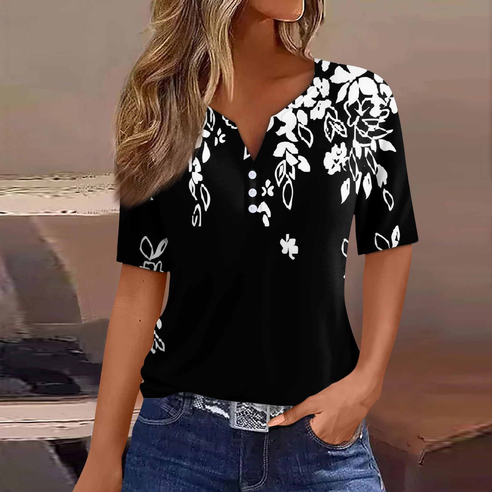 SKSloeg Spring Tops for Women 2024 Short Sleeve V Neck Button Plus Size ...