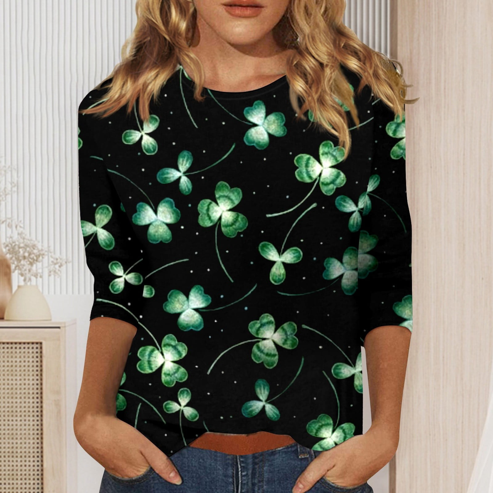 Sksloeg St Patricks Day Black 3 4 Sleeve Shirt For Woman 2024 Sleeve