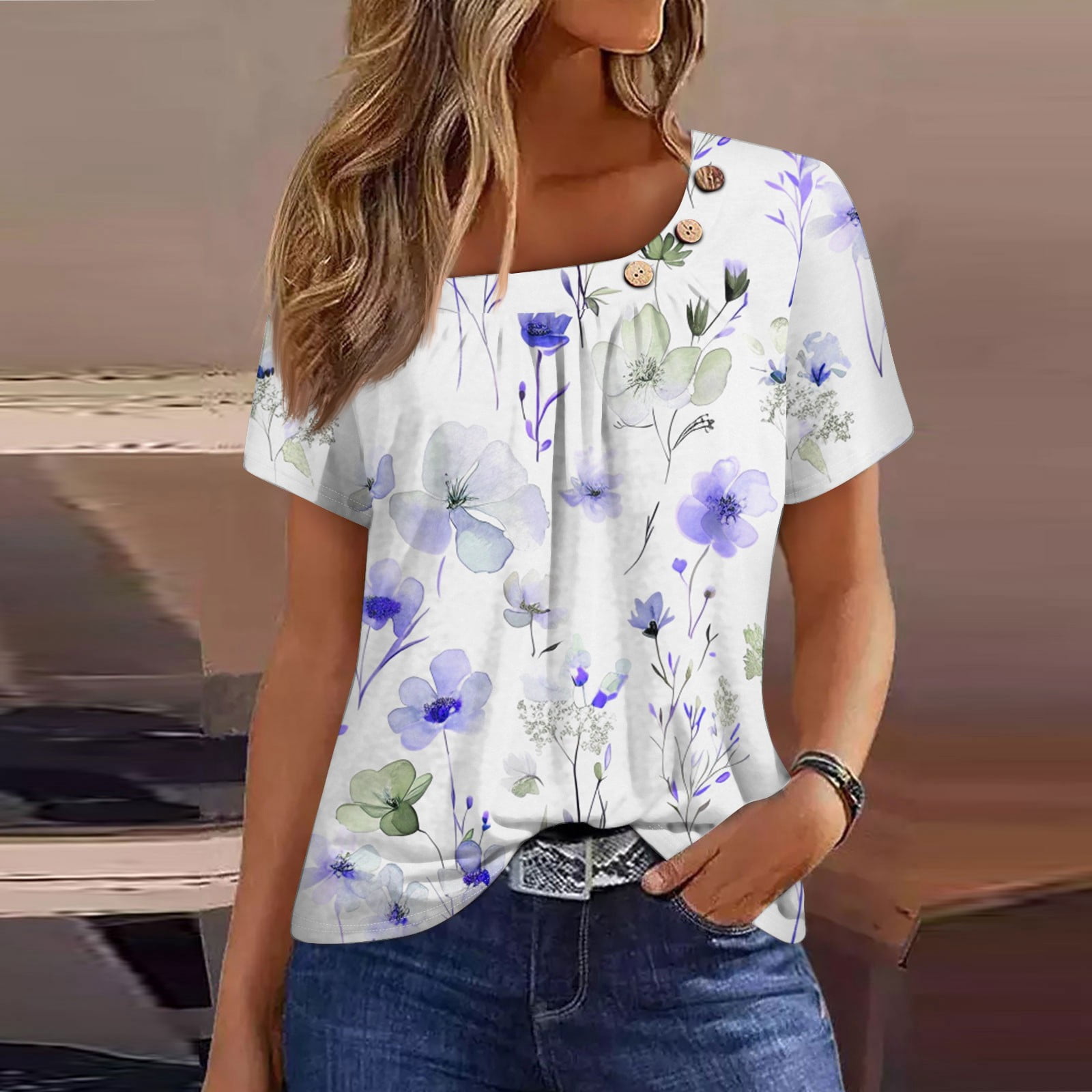SKSloeg Trendy Tops for Women 2024 Short Sleeve Pleated Button ...