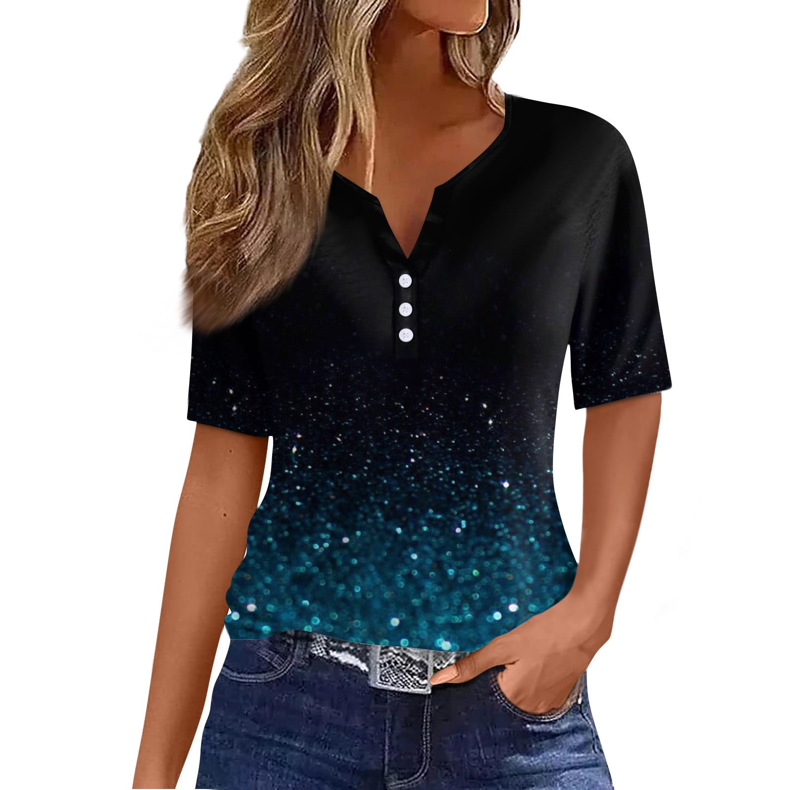SKSloeg Trendy Tops for Women 2024 Short Sleeve V Neck Button T-Shirts ...