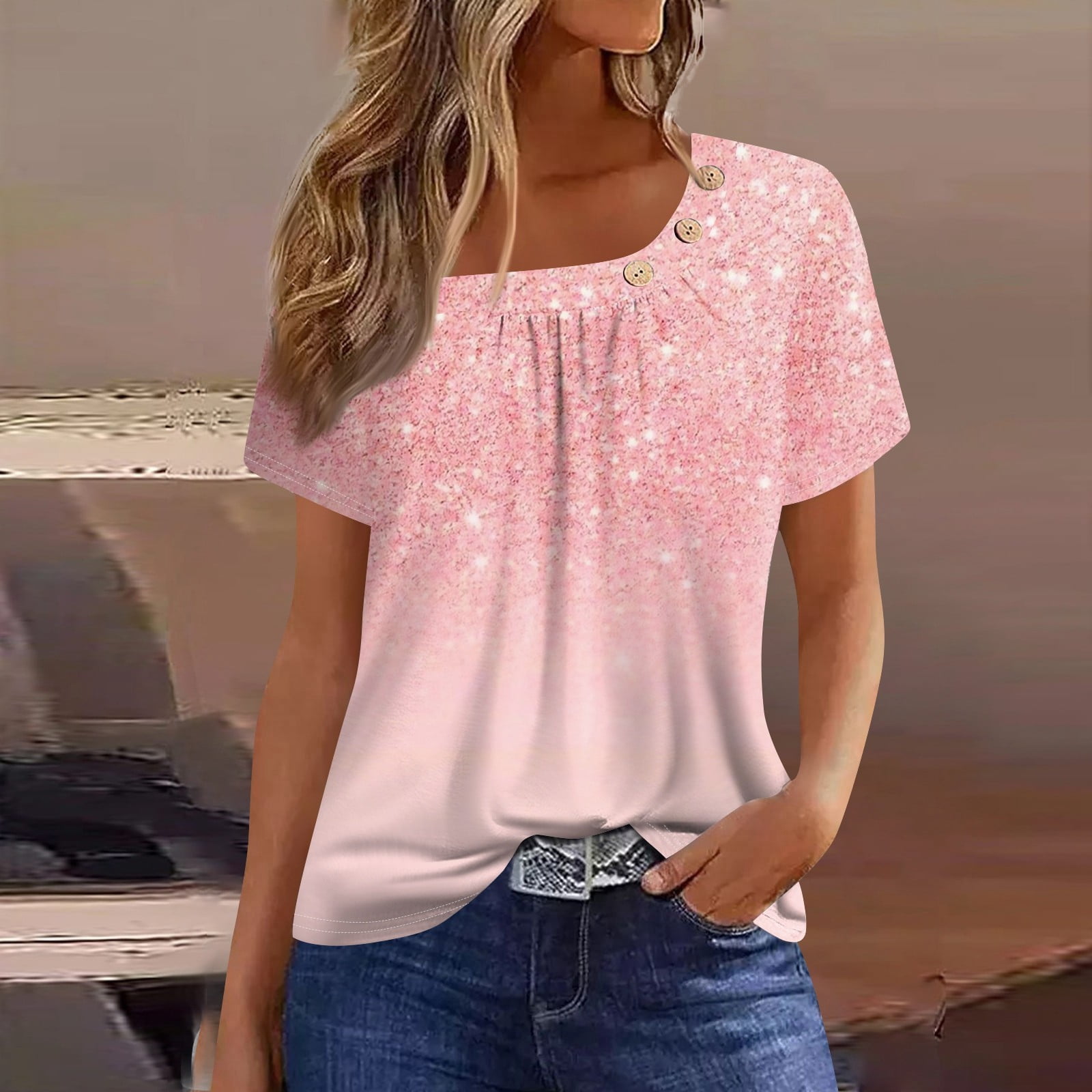 Sksloeg White Tops For Women Short Sleeve Pleated Square Neck Button Decoration Shirts Gradient
