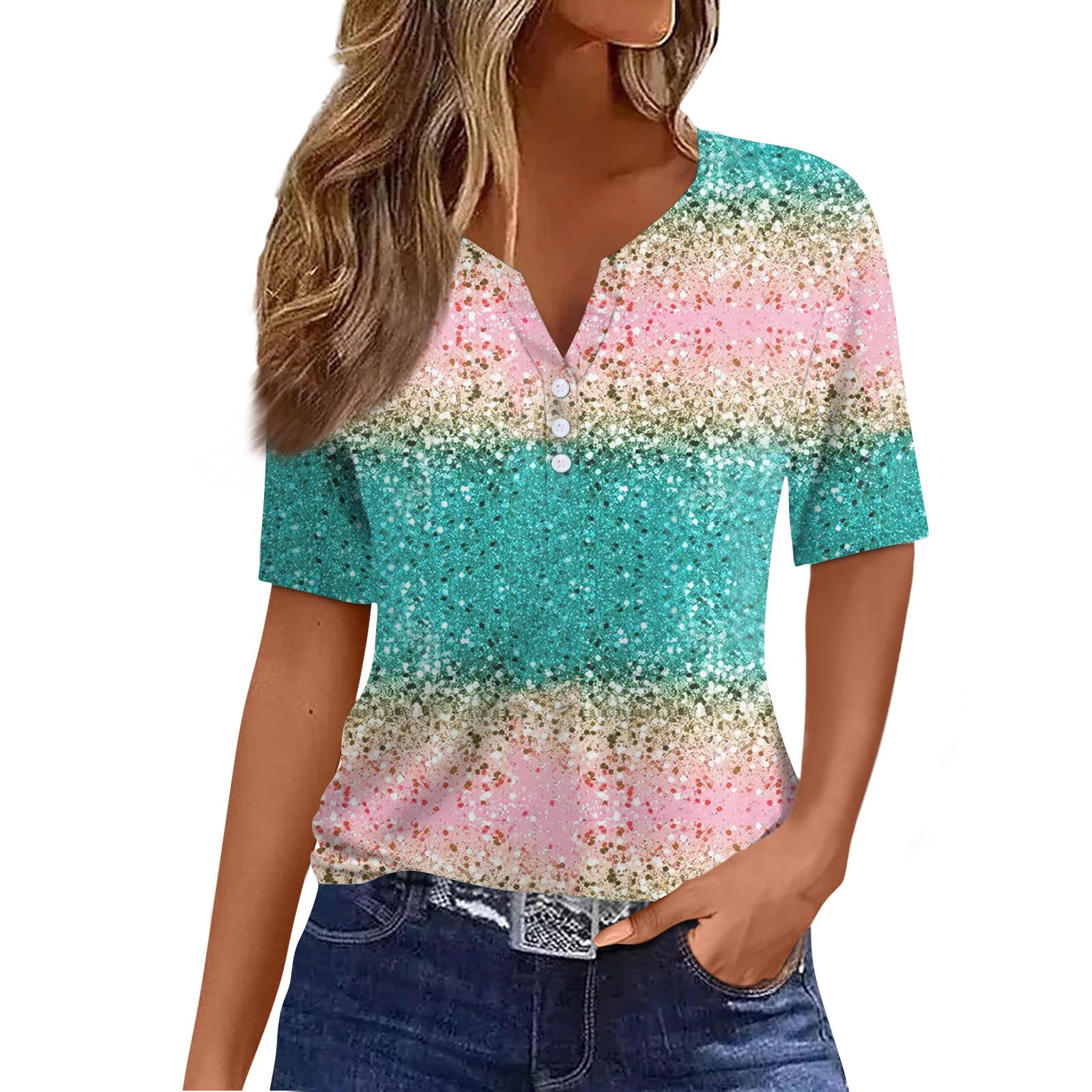 SKSloeg Women Tops Henley Button V Neck Short Sleeve Plus Size Tunic ...