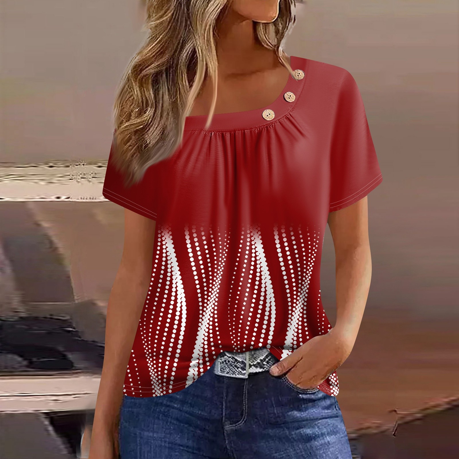 SKSloeg Women Tops Pleated Button Decoration Square Neck Short Sleeve ...