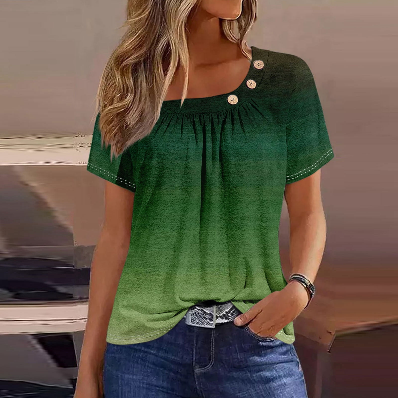 SKSloeg Women Tops Pleated Button Decoration Square Neck Short Sleeve T ...