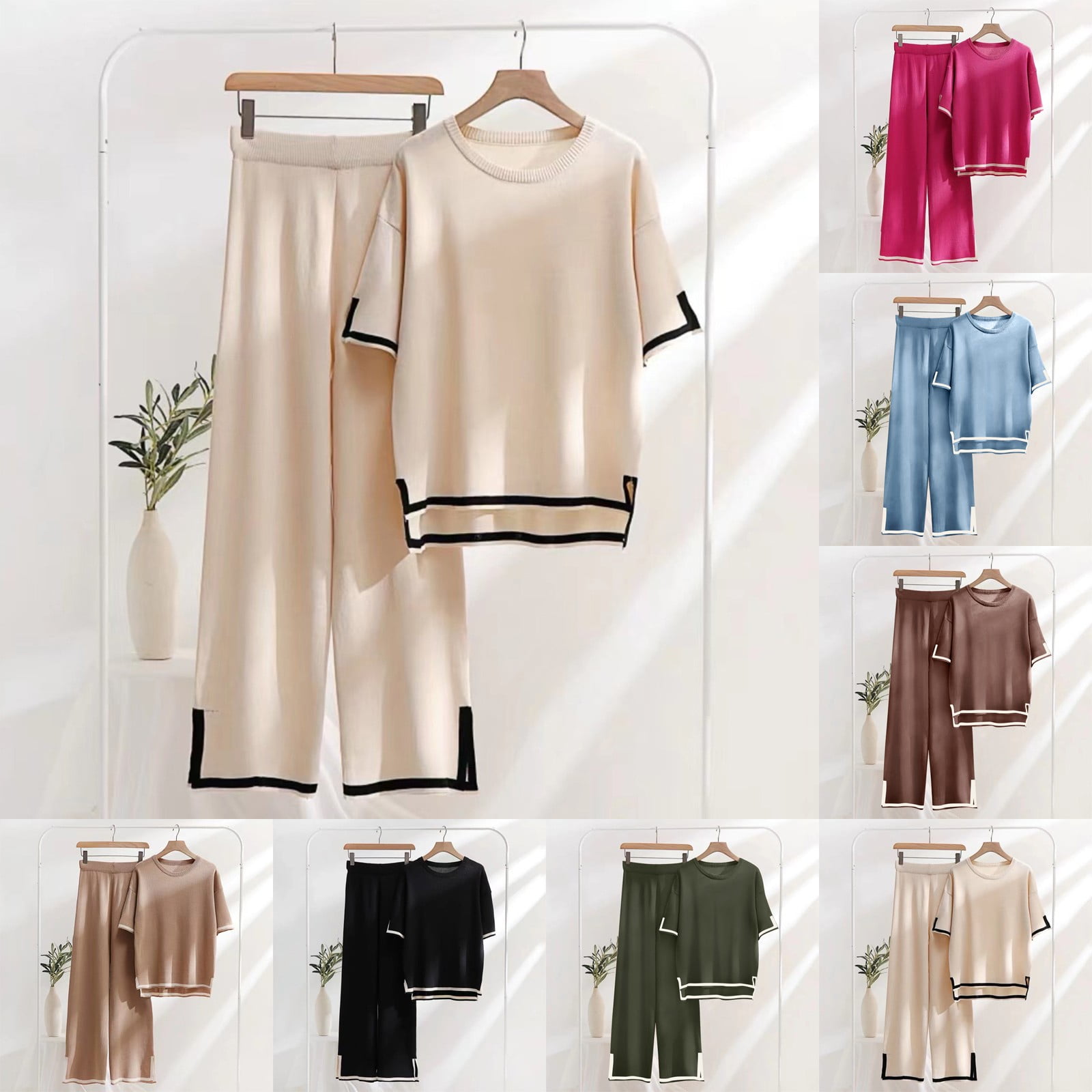 SKSloeg Women's 2 Piece Outfit Lounge Sets Short Sleeve Knit Sweater ...