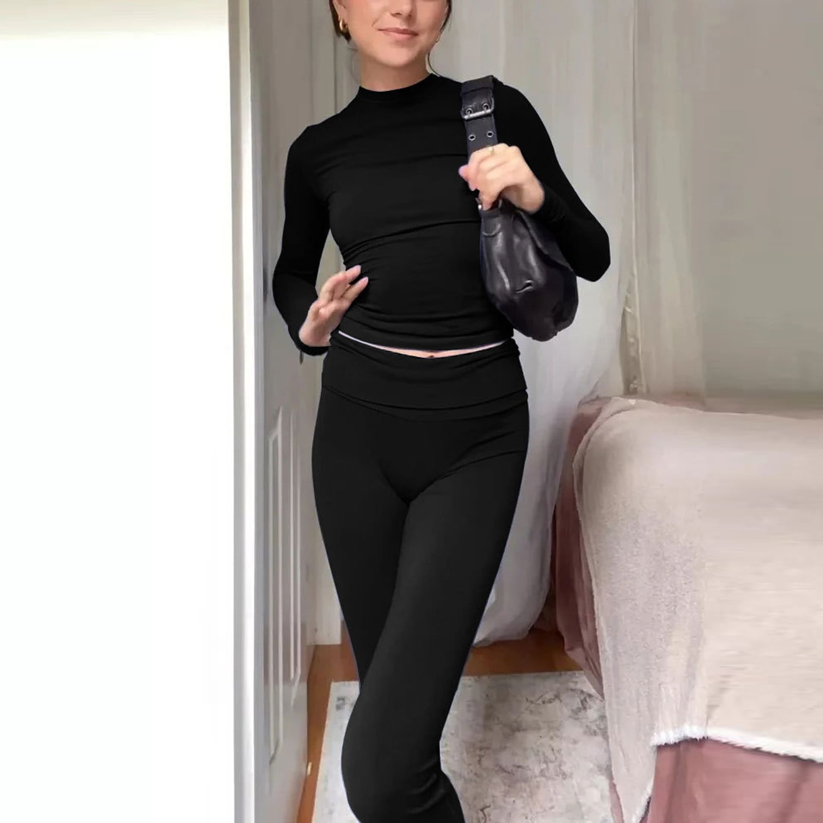 SKSloeg Women's 2 Piece Outfit Solid Basic Long Sleeve Crop SKSloeg Women's 2 Piece Outfit Solid Basic Long Sleeve Crop