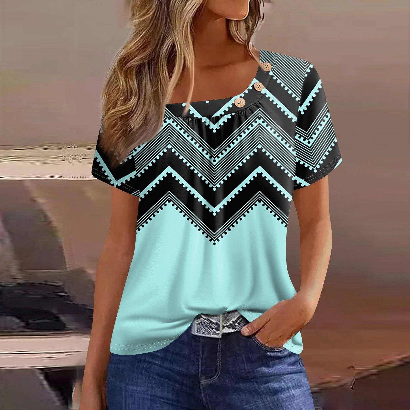 SKSloeg Women's Tops Button Decoration Pleated Square Neck Short Sleeve ...