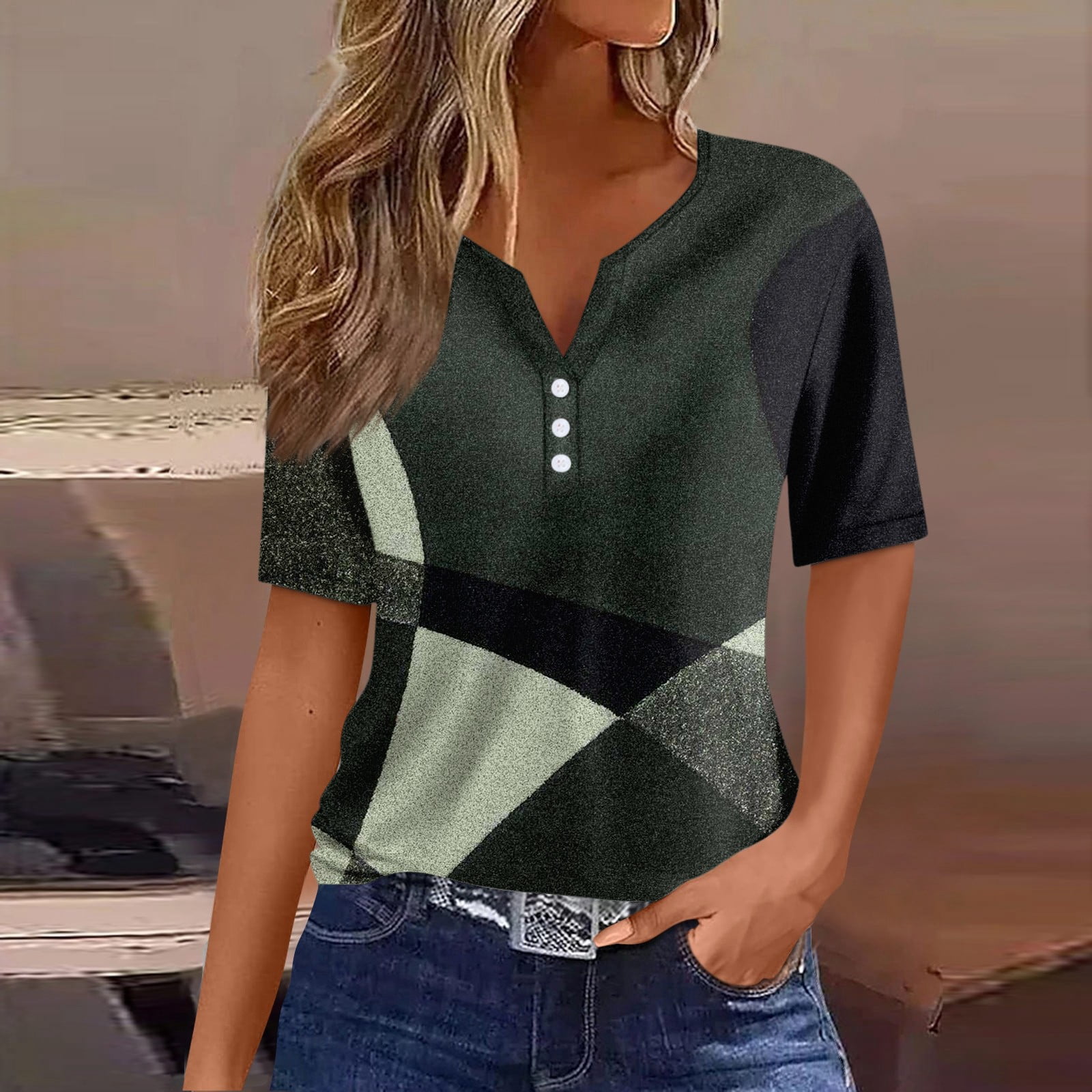 SKSloeg Women's Tops Button Henley V Neck Short Sleeve Plus Size Tunic ...