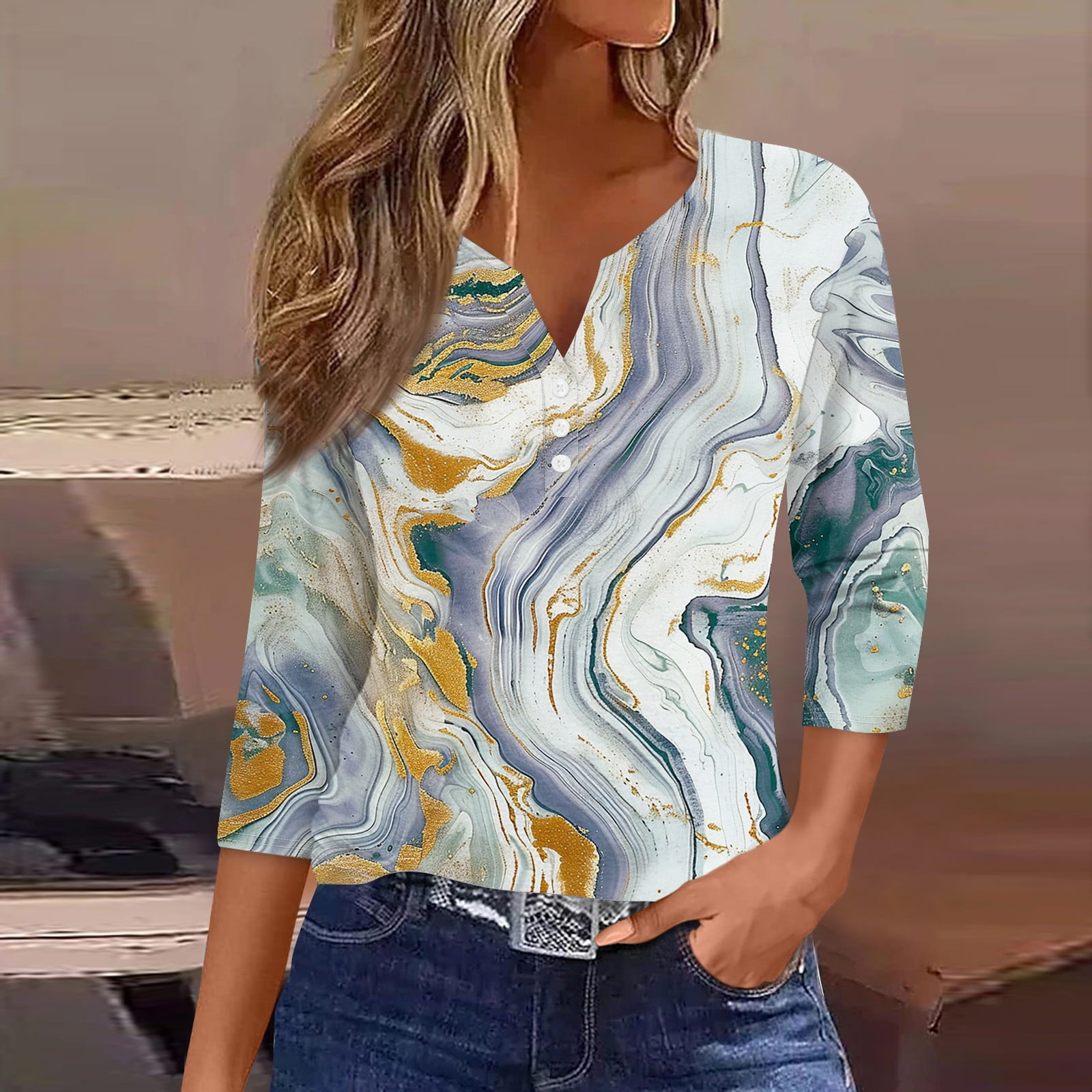 SKSloeg Women's Tops Short Sleeve Button V Neck Shirts Marble Print ...