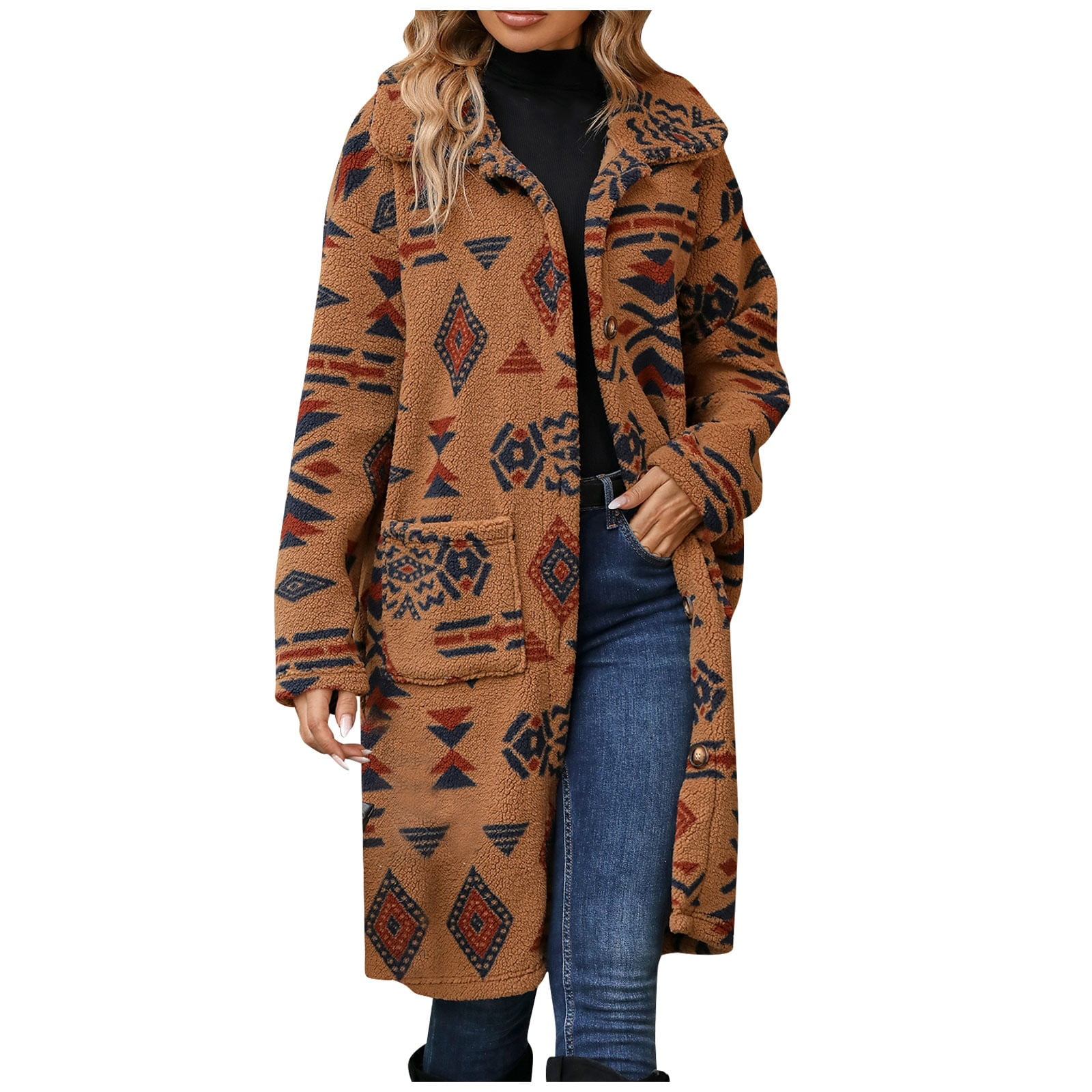 SKSloeg Jackets for Women Aztec Ethnic Style Print Sherpa Long Jacket ...