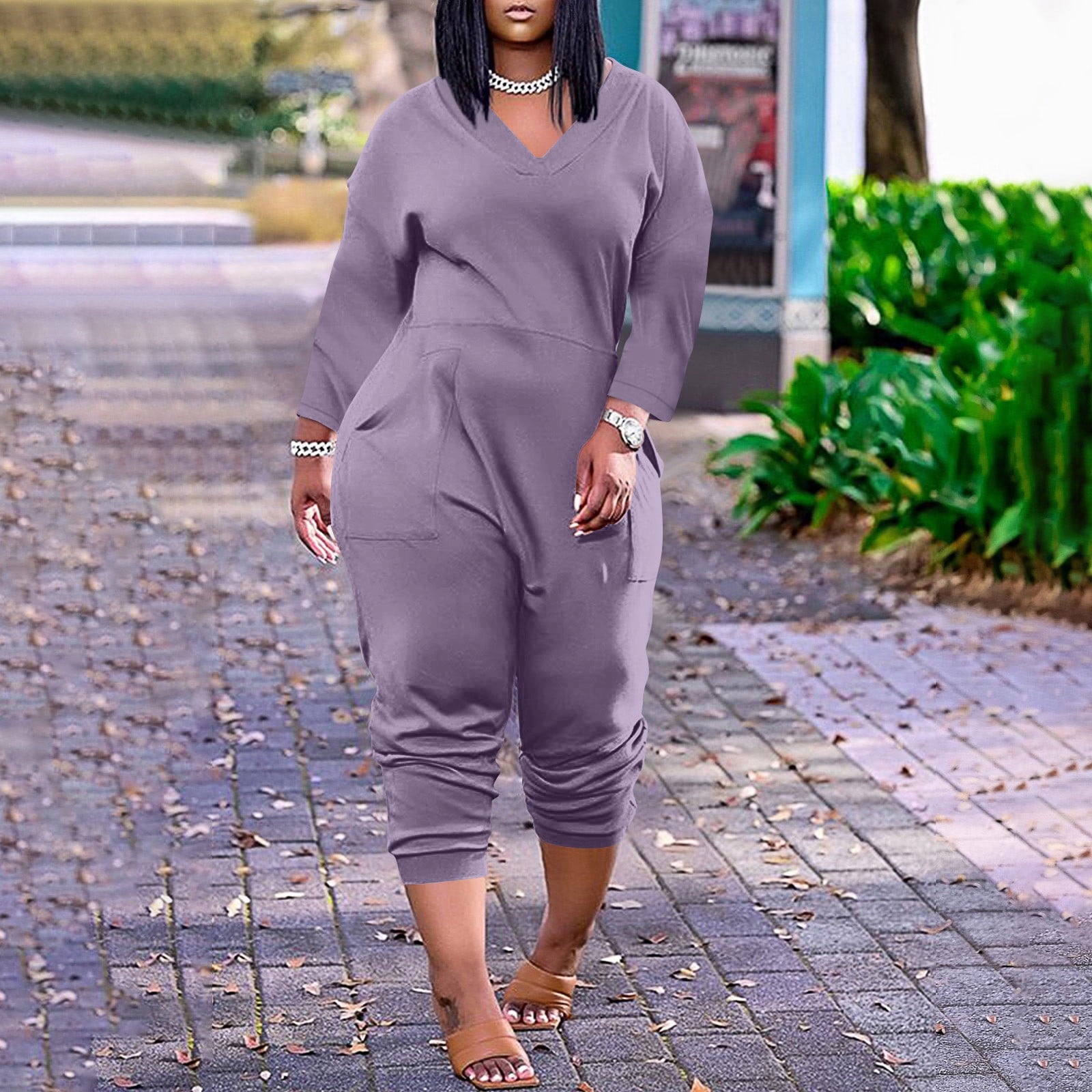 SKSloeg Womens Rompers V Neck Long Sleeve Zipper Overalls Wide Long ...