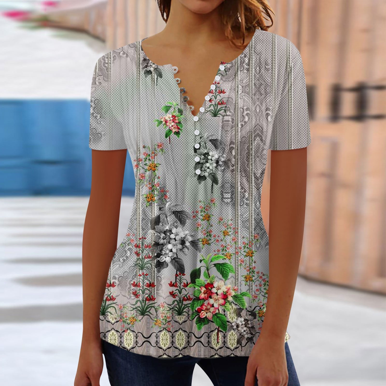 SKSloeg Womens Tops Trendy Casual Henley V Neck Short Sleeve Buttons Up ...