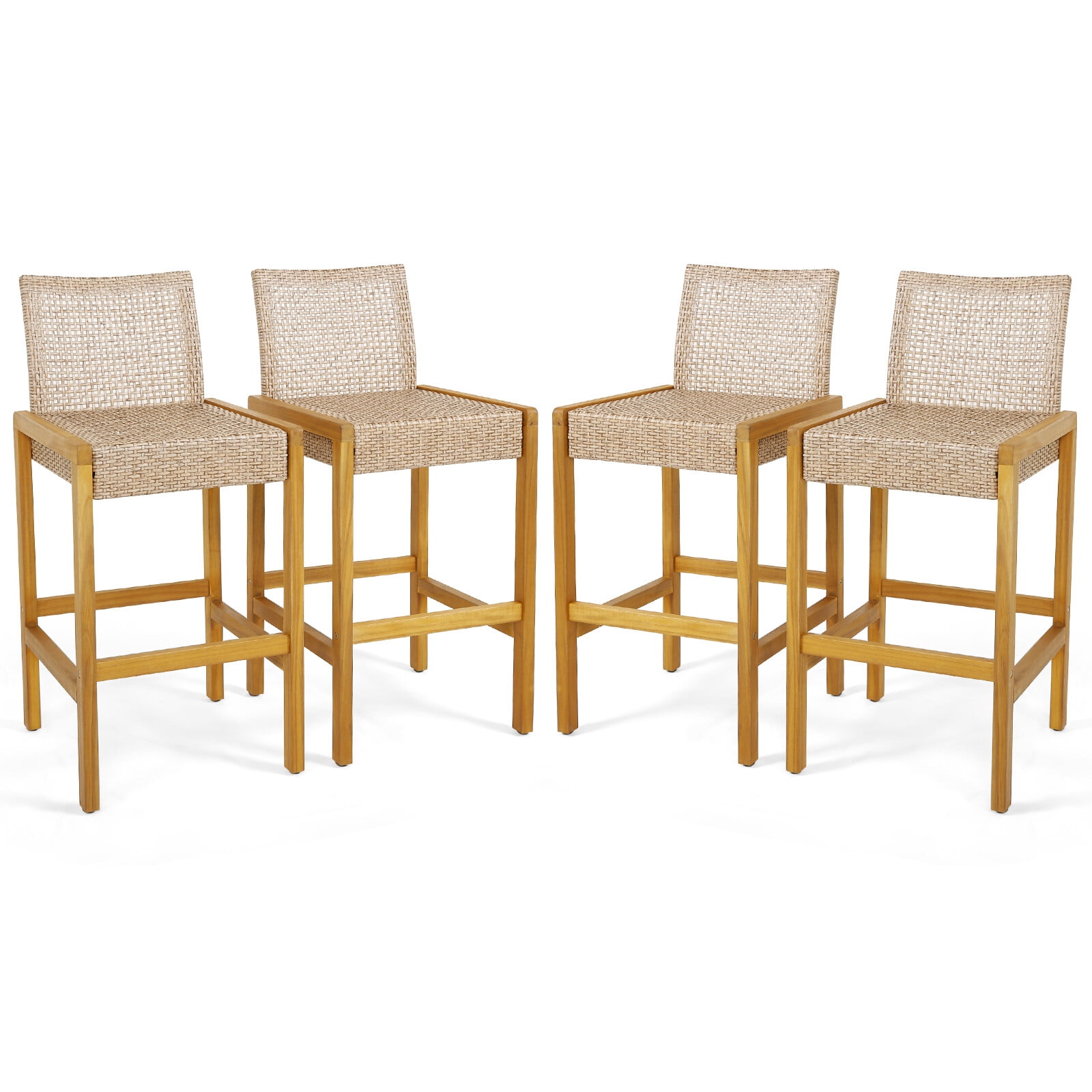 SKTPI Patio Wood Barstools Set of 4, PE Rattan Bar Height Chairs with ...