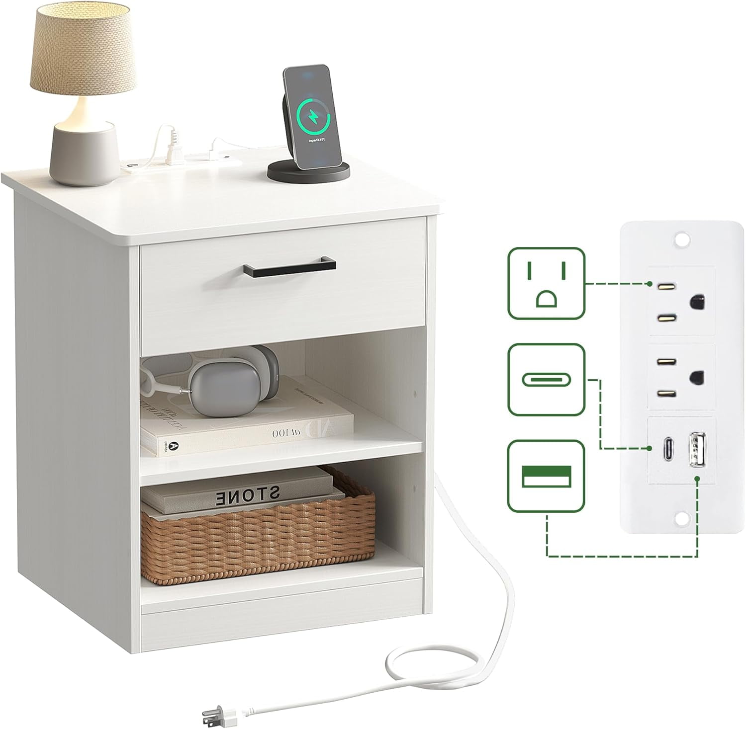 SKTPI Side Table with Fast Charging Statio Nightstand Bedside Table ...