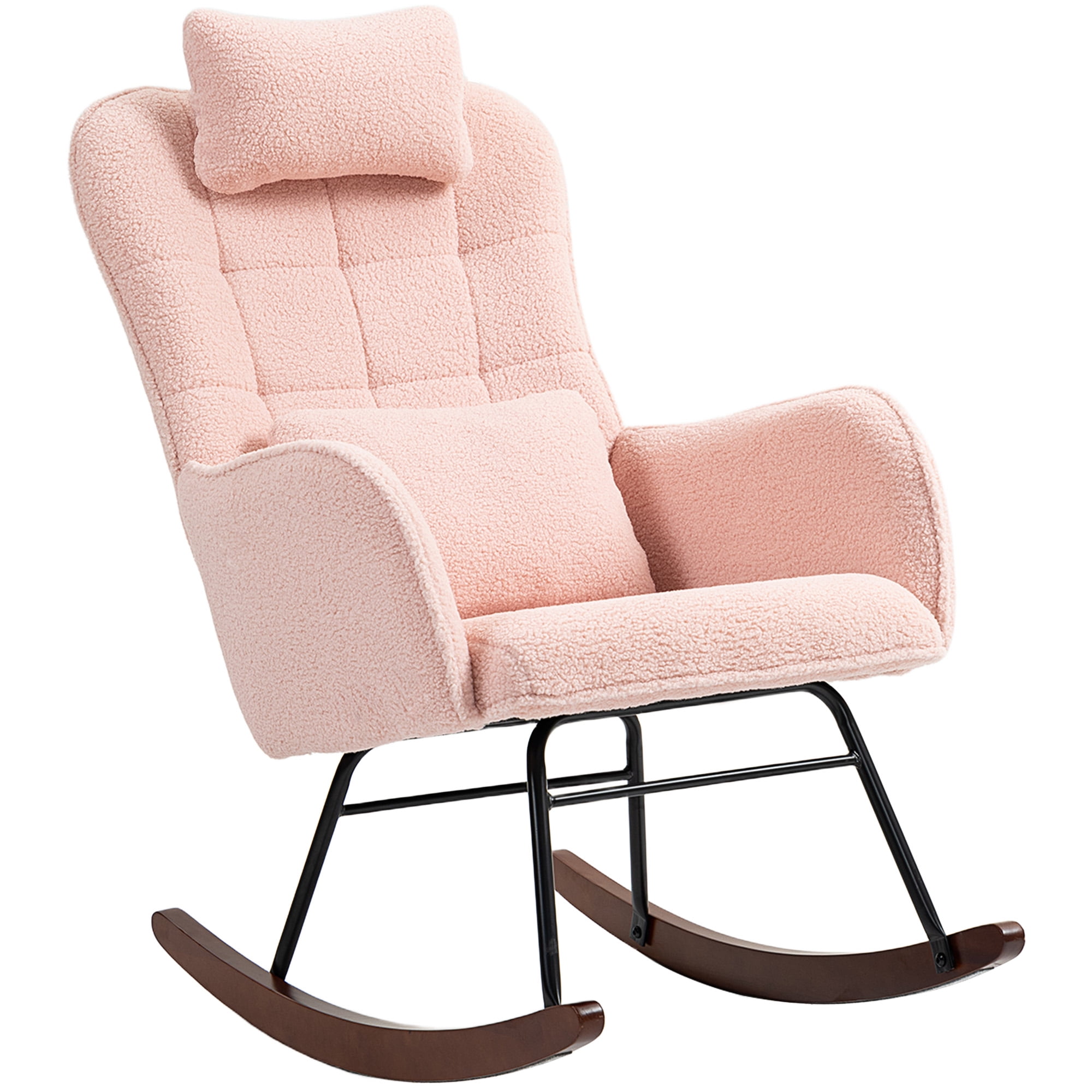 SKTPI Upholstered Rocking Chair with Headrest and Lumber Pillow, Teddy ...