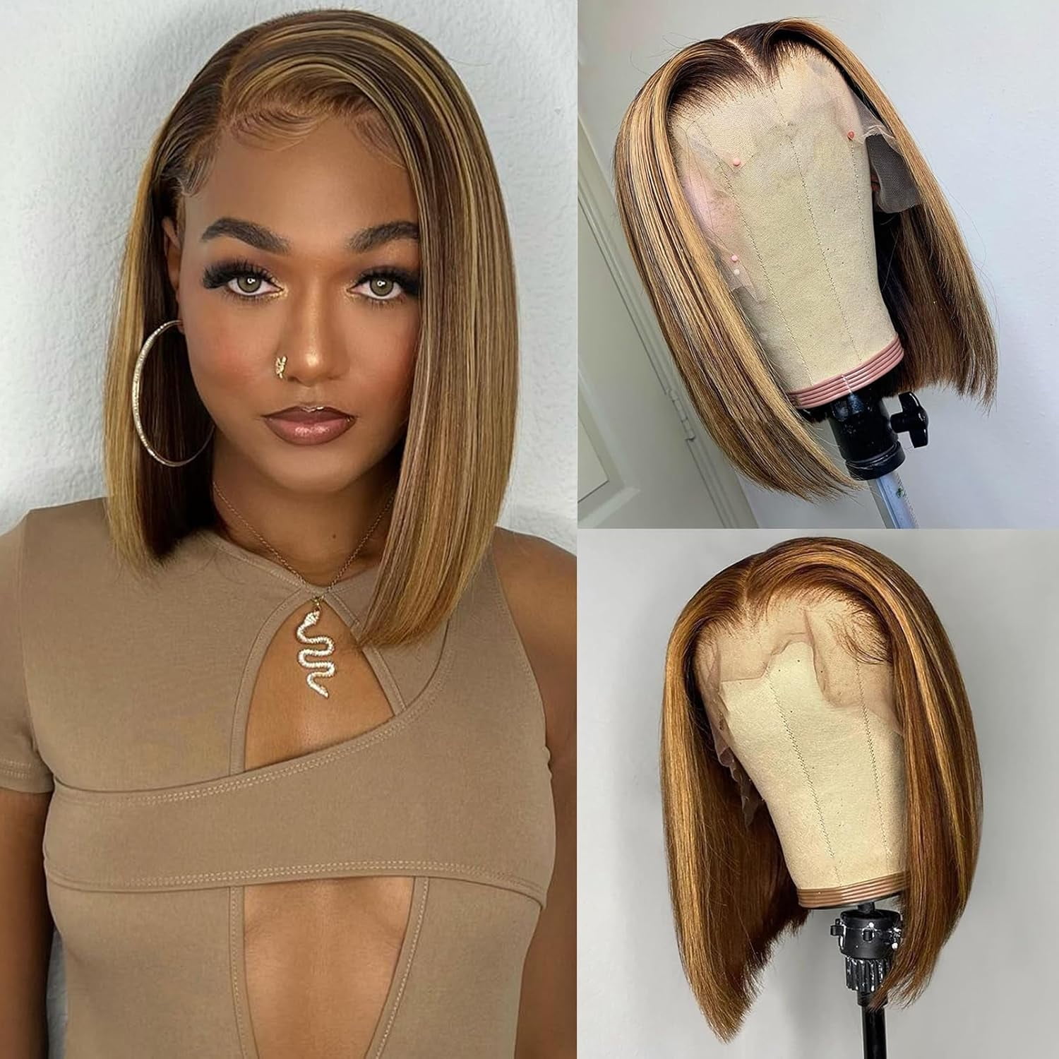 SKYDO Highlight Ombre Bob Wig Human Hair 13X4 Lace Front Wigs Human Hair P4/27 Highlight Honey ...