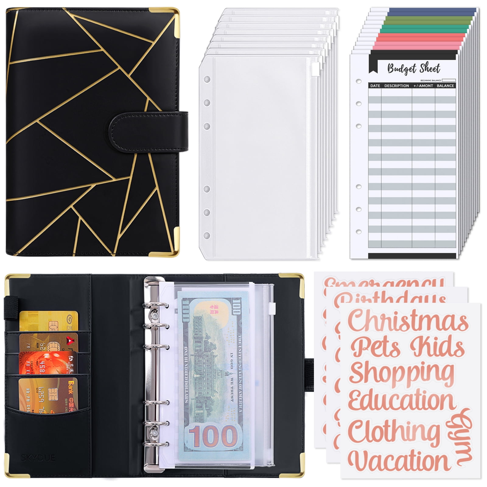 SKYDUE PU Leather Budget Binder with Cash Envelopes, Finance Sheets ...