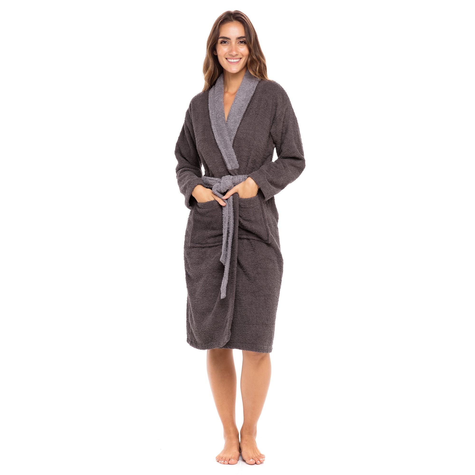 SKYLINEWEARS Shawl Collar Robe Women Terry Cloth Robes knee length ...