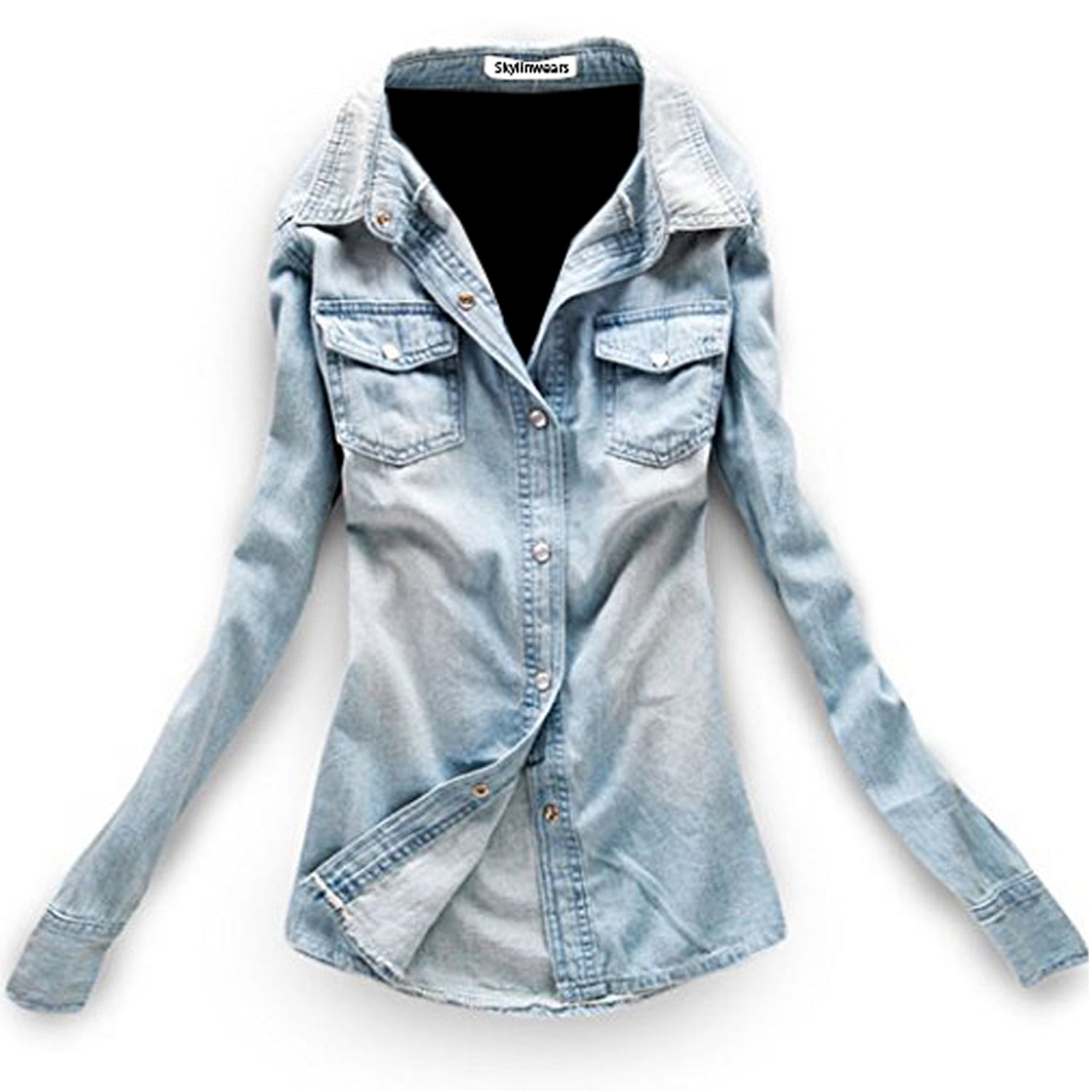 SKYLINEWEARS Women Western Denim Shirt Long Sleeve Cotton Blouses ...