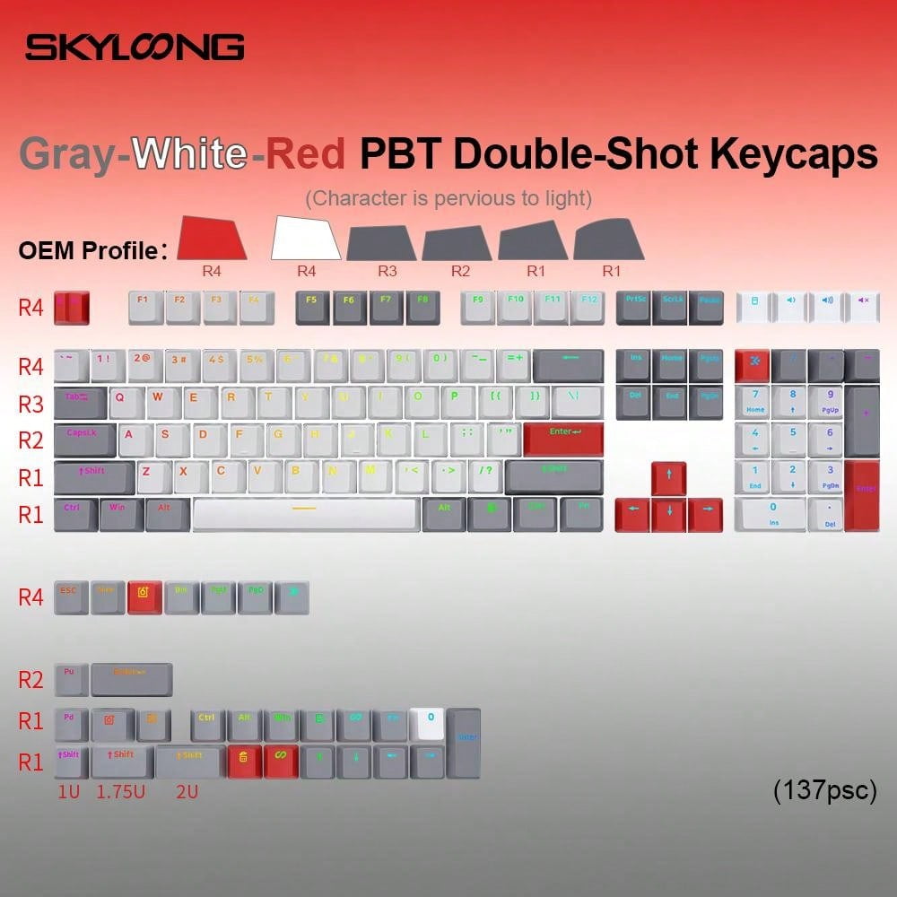 SKYLOONG PBT Keycaps Gray/White/Red Double Shot OEM Profile Character ...