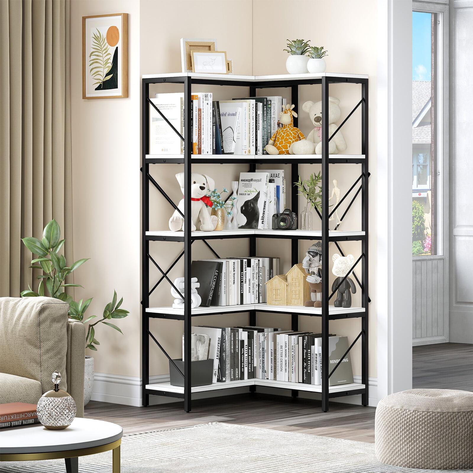 SKYNE Corner Bookshelf, 5-Tier L-Shaped Bookshelf Storage Organizer ...