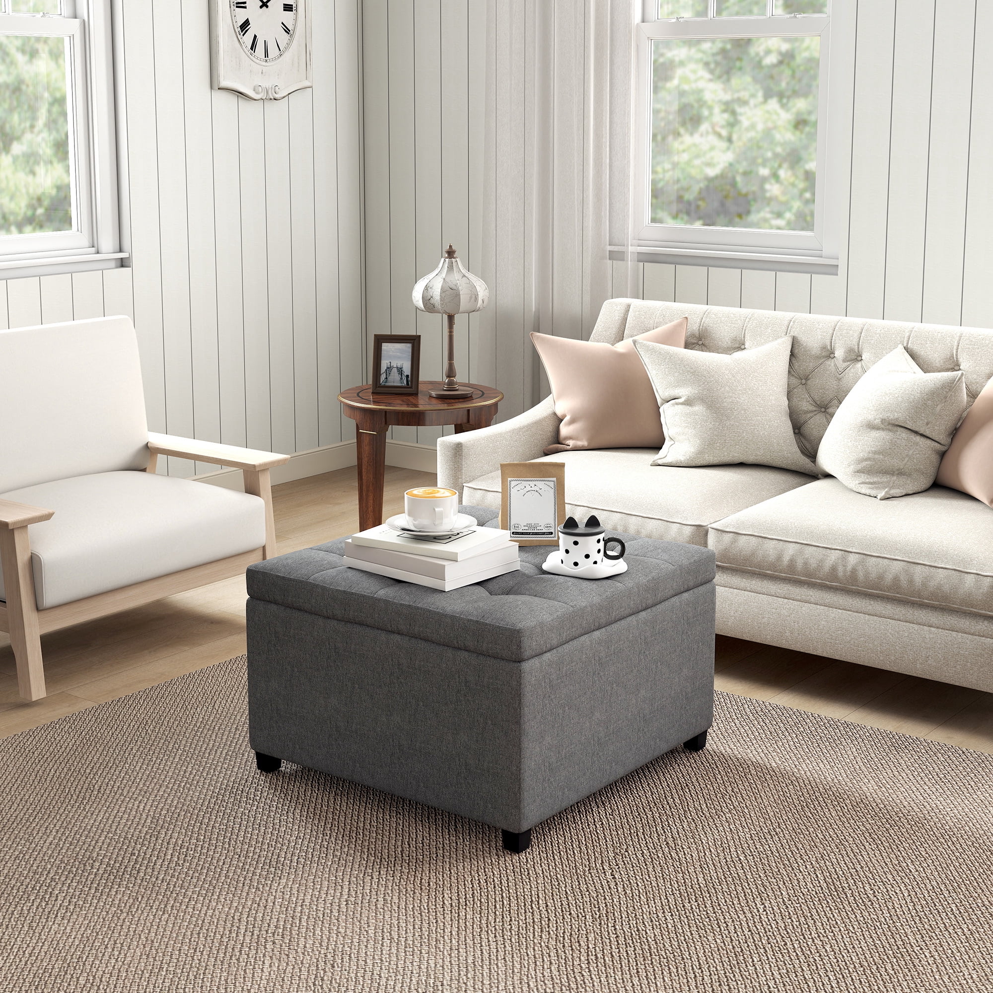 SKYNE Fabric Tufted Square Storage Ottoman with Flip Top Seat Lid ...