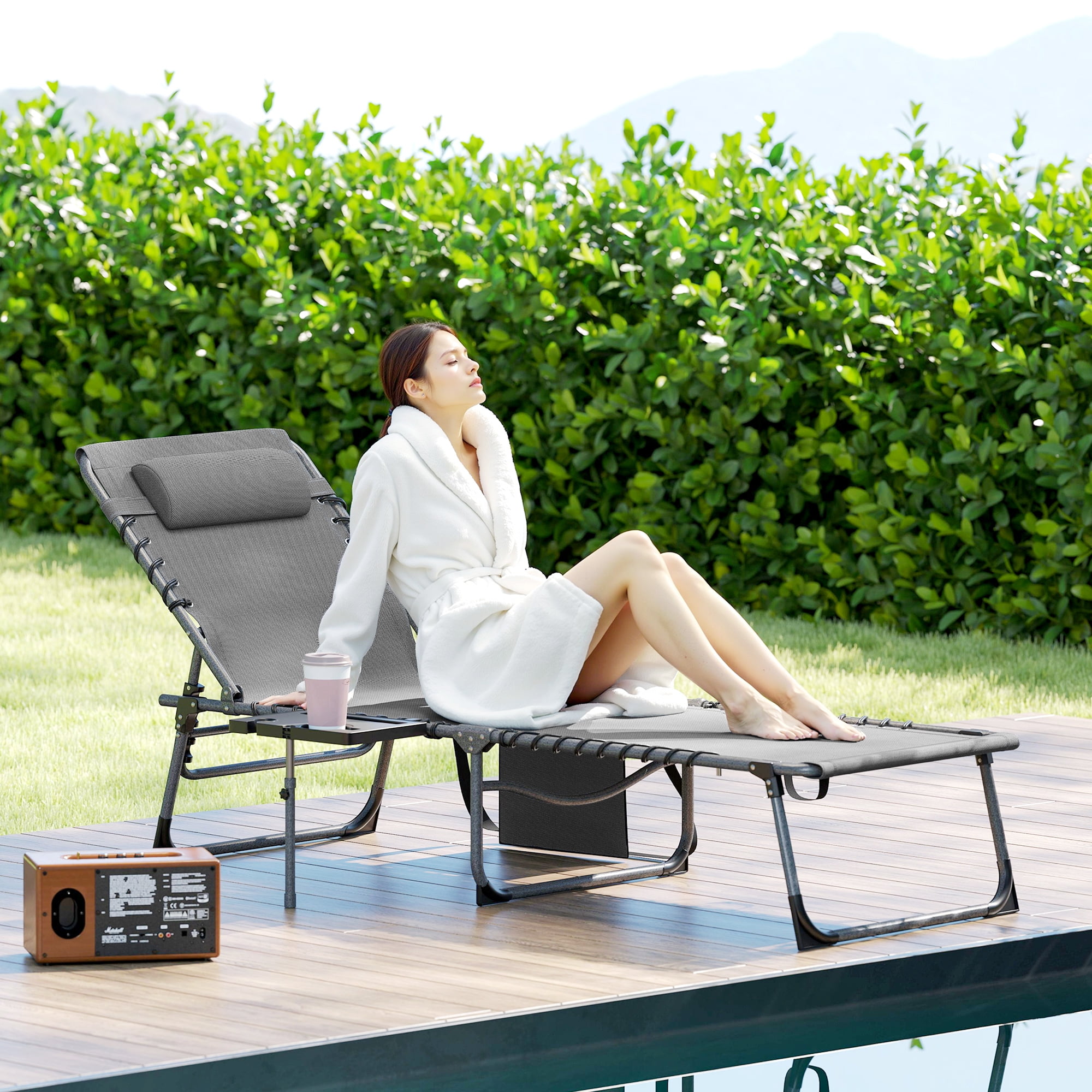 SKYNE Folding Chaise Lounge Chair Outdoor Tanning Chair with Side Table ...