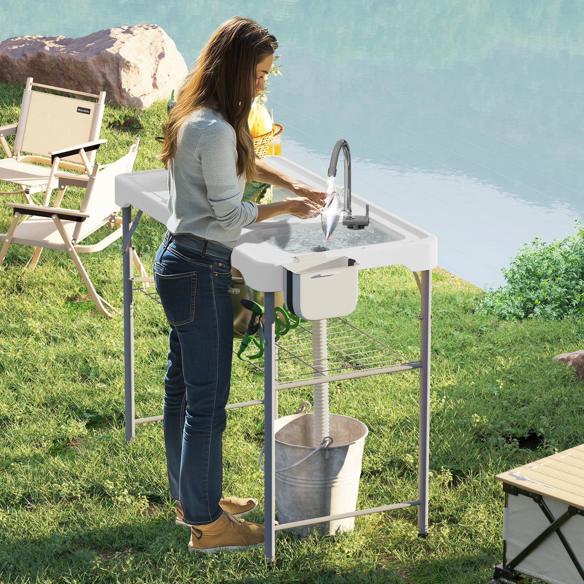 SKYNE Folding Fish Cleaning Table Portable Camping Double Sinks Table w ...
