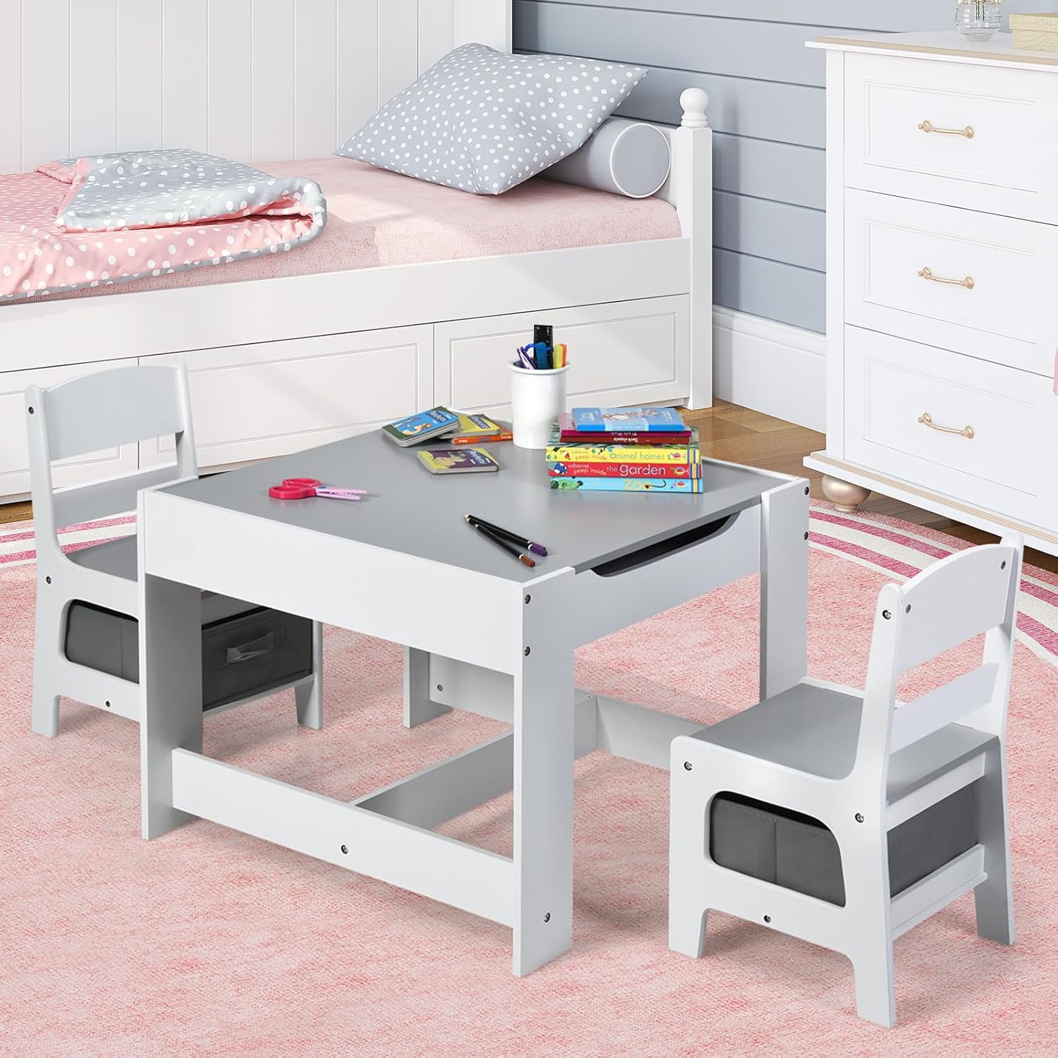 SKYNE Kids Table and Chair Set, 3 in 1 Wooden Activity Table for ...