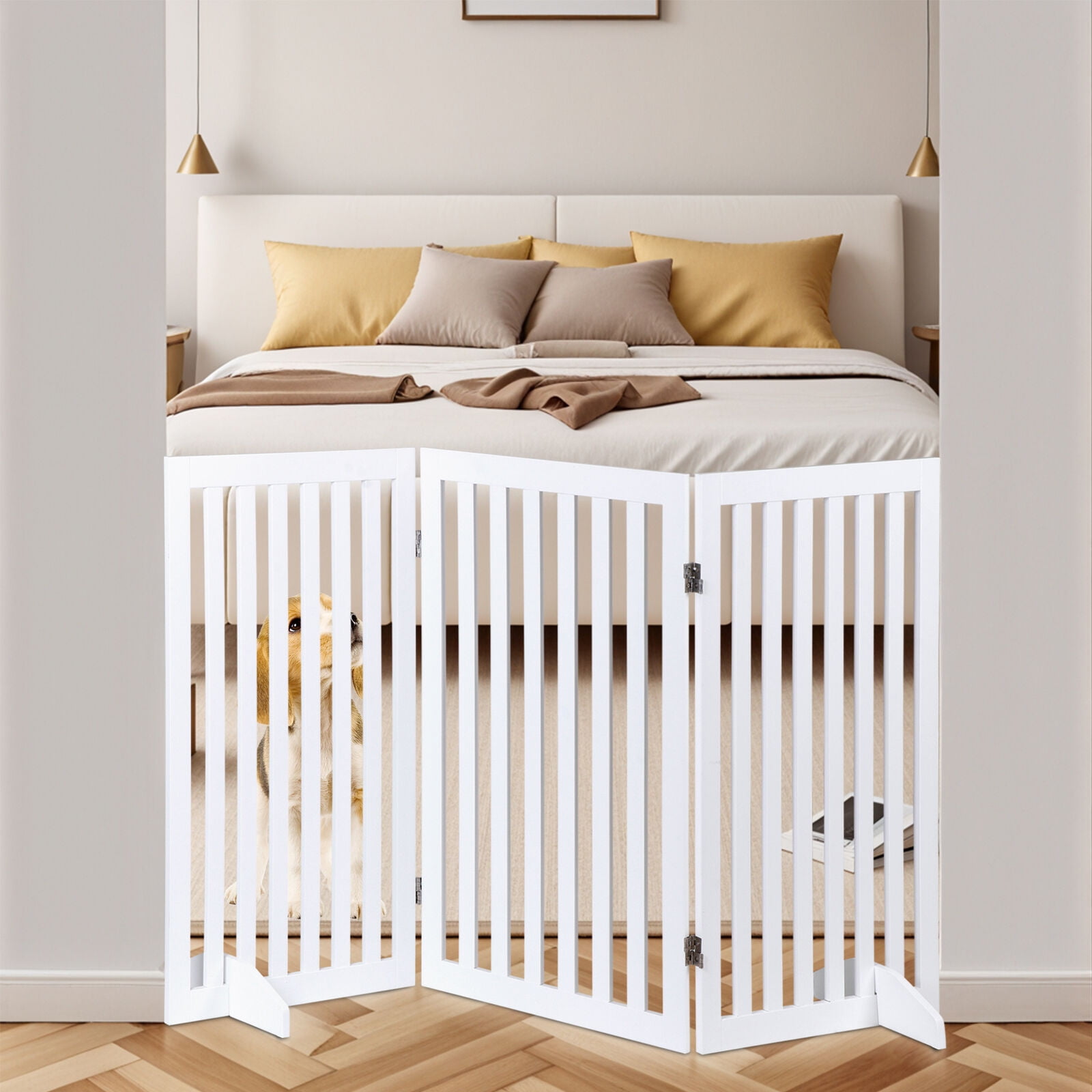 SKYNE Pet Dog Gate, Foldable Freestanding Dog Door, White Wooden Z ...