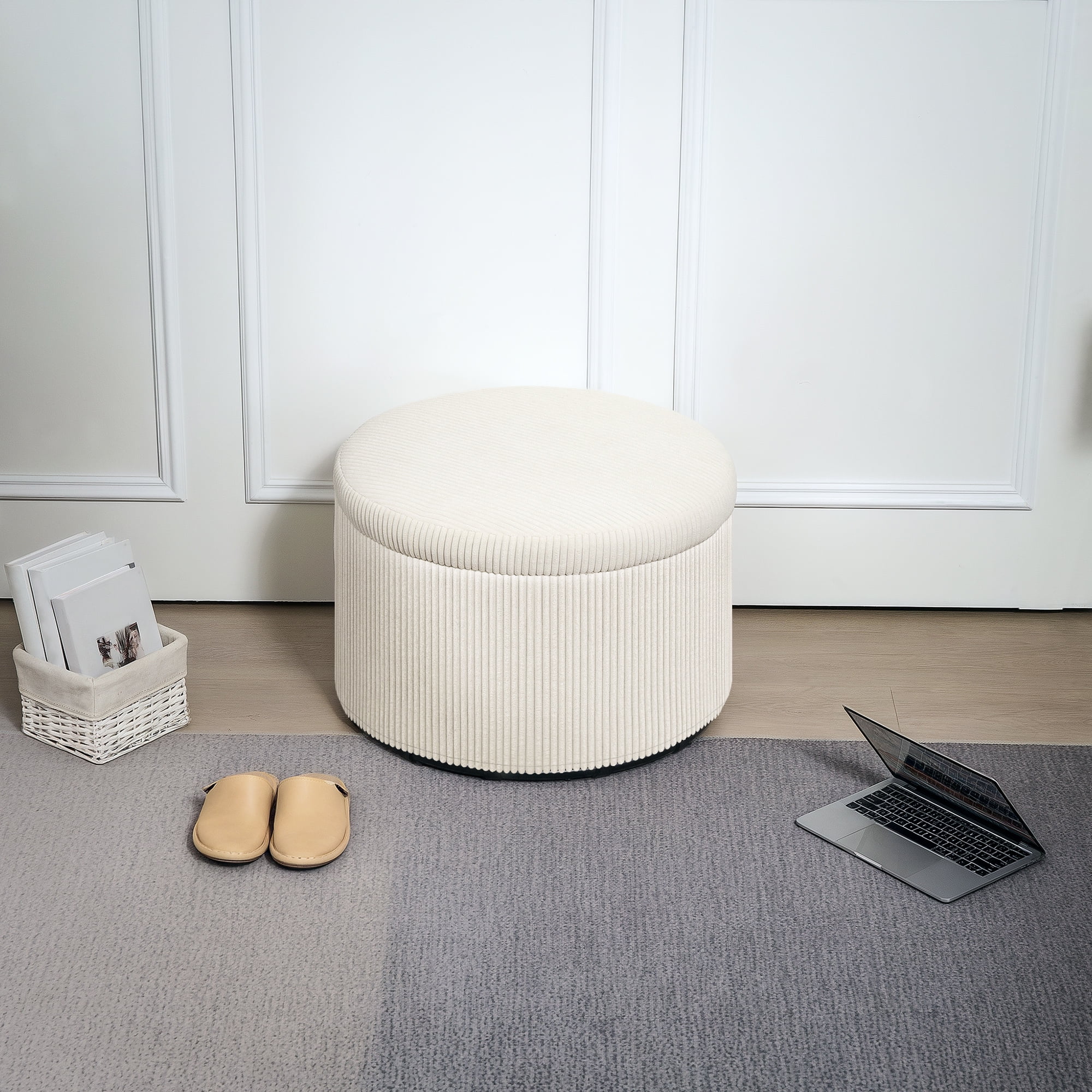 SKYNE Storage Ottoman with Lid, 24 Inches Round Pouf Ottoman with ...