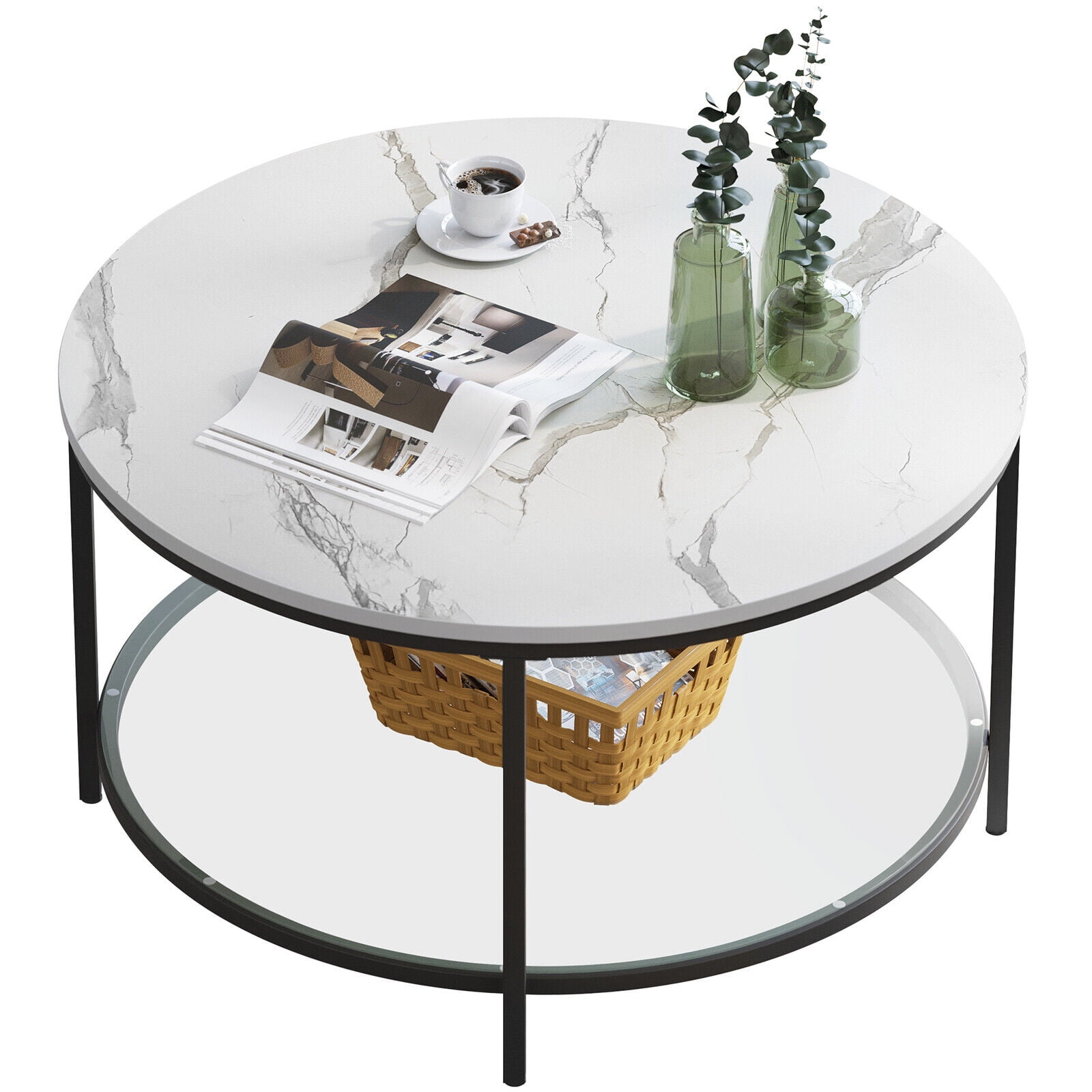 SKYNE White Marble Round Coffee Table with Glass for Living Room, 2 ...