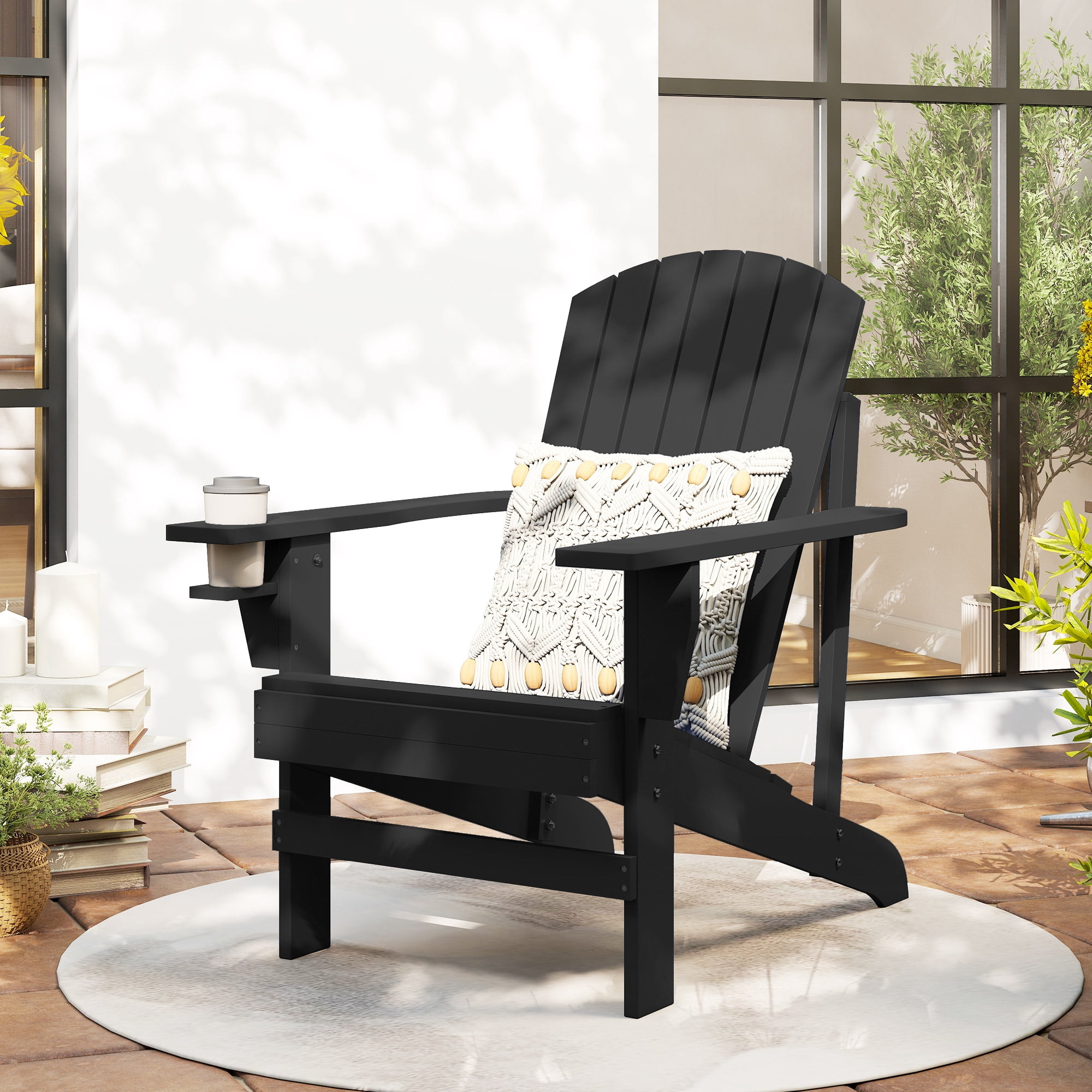 SKYNE Wooden Adirondack Chair, Outdoor Patio Lawn Chair with Cup Holder ...